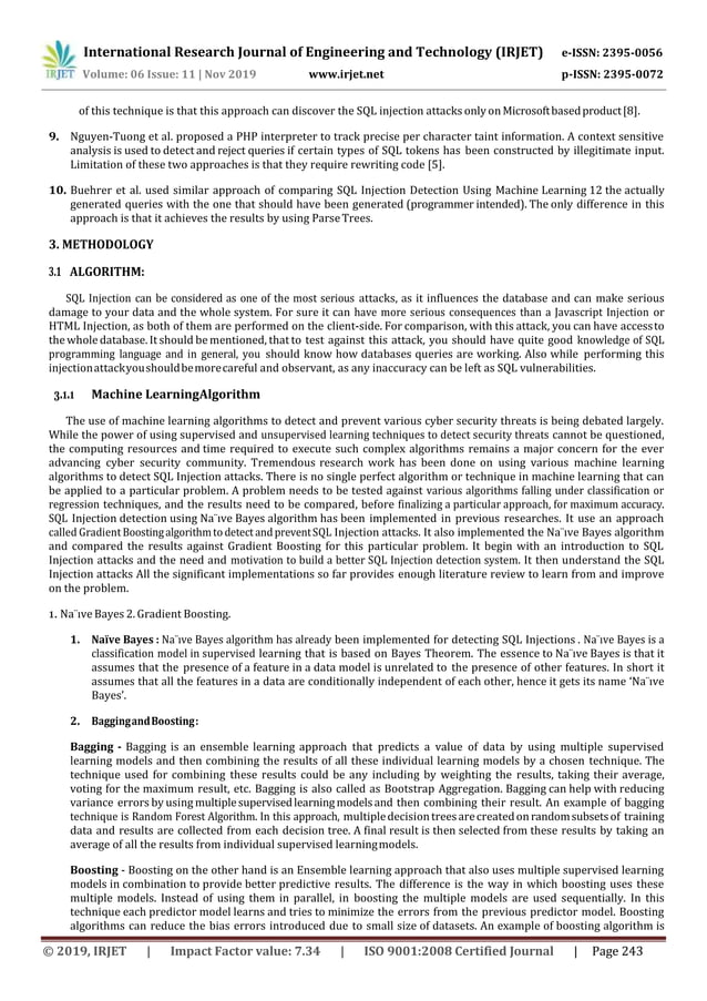 Irjet Detection Of Sql Injection Using Machine Learning A Survey Pdf