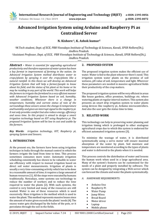 IRJET- Advanced Irrigation System using Arduino and Raspberry Pi as Centralized Server | PDF