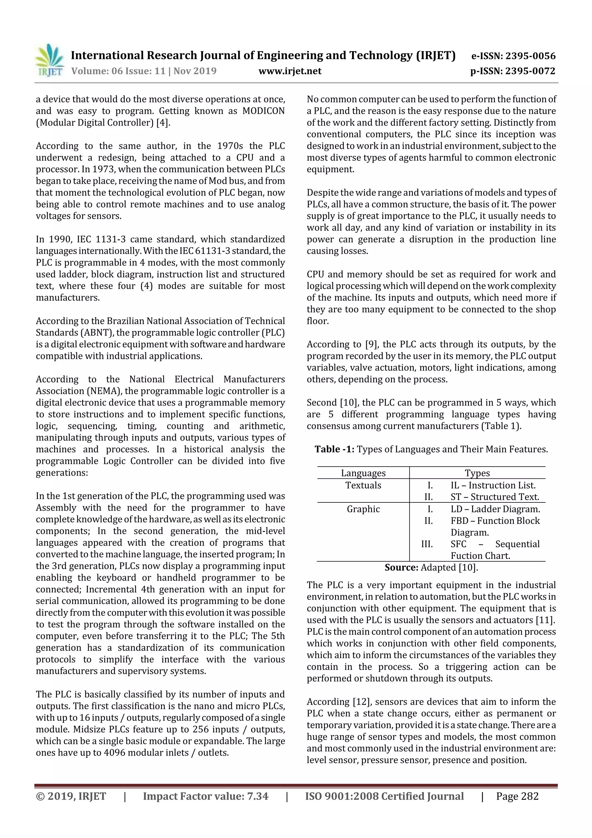 IRJET- The Importance of the Programmable Logic Controller “PLC” in the Industry in the ...