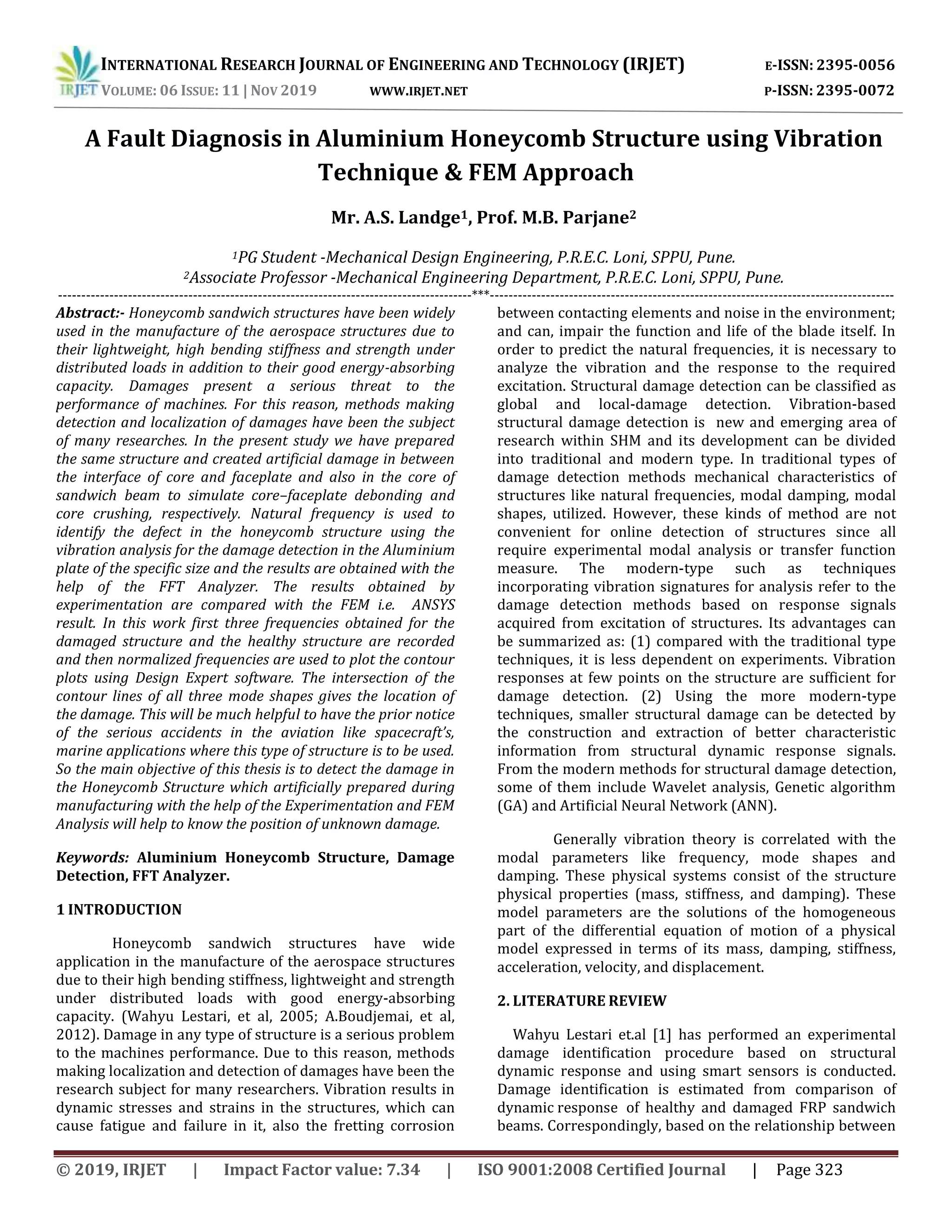 IRJET- A Fault Diagnosis in Aluminium Honeycomb Structure using Vibration Technique & FEM ...
