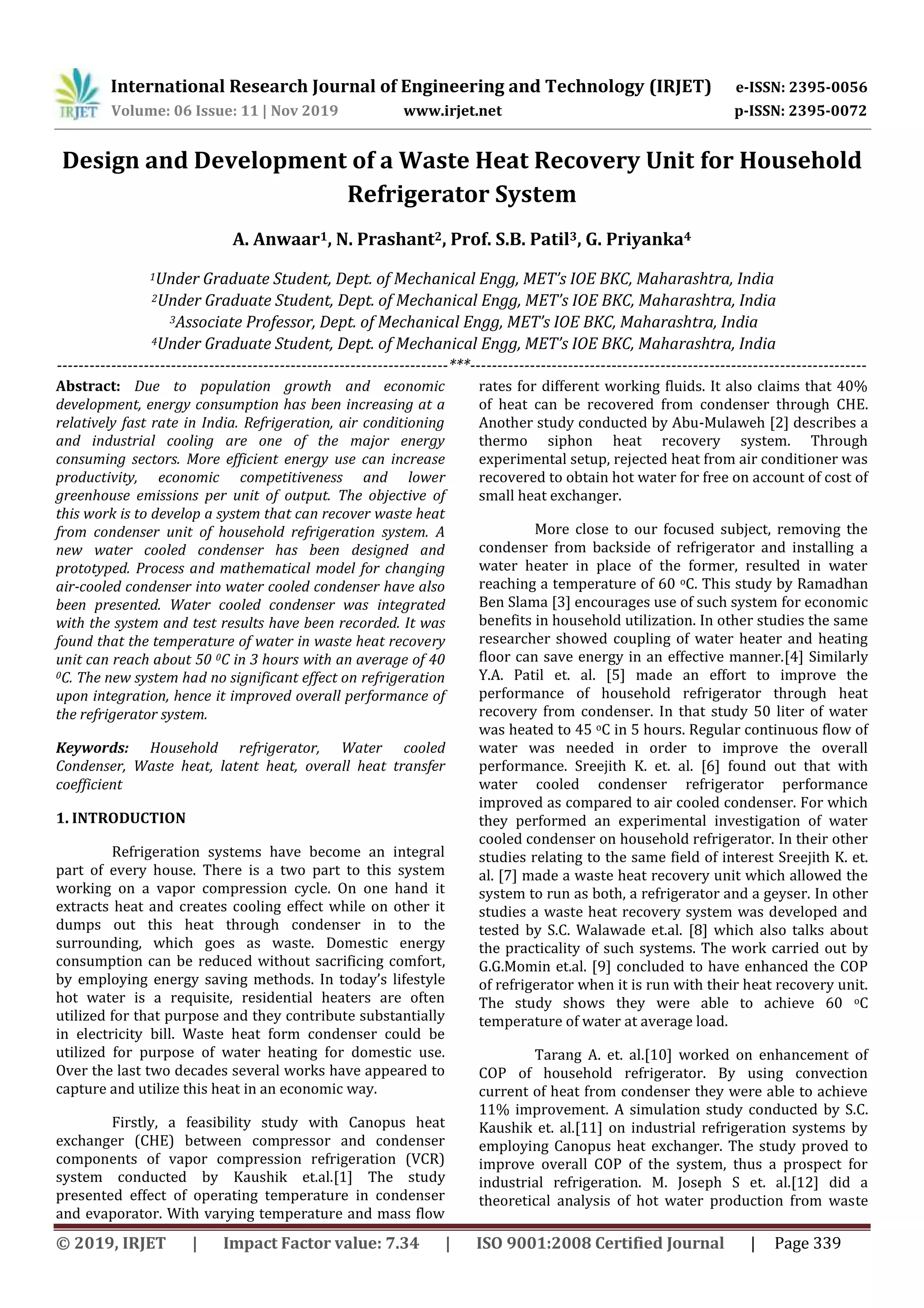 IRJET- Design and Development of a Waste Heat Recovery Unit for ...