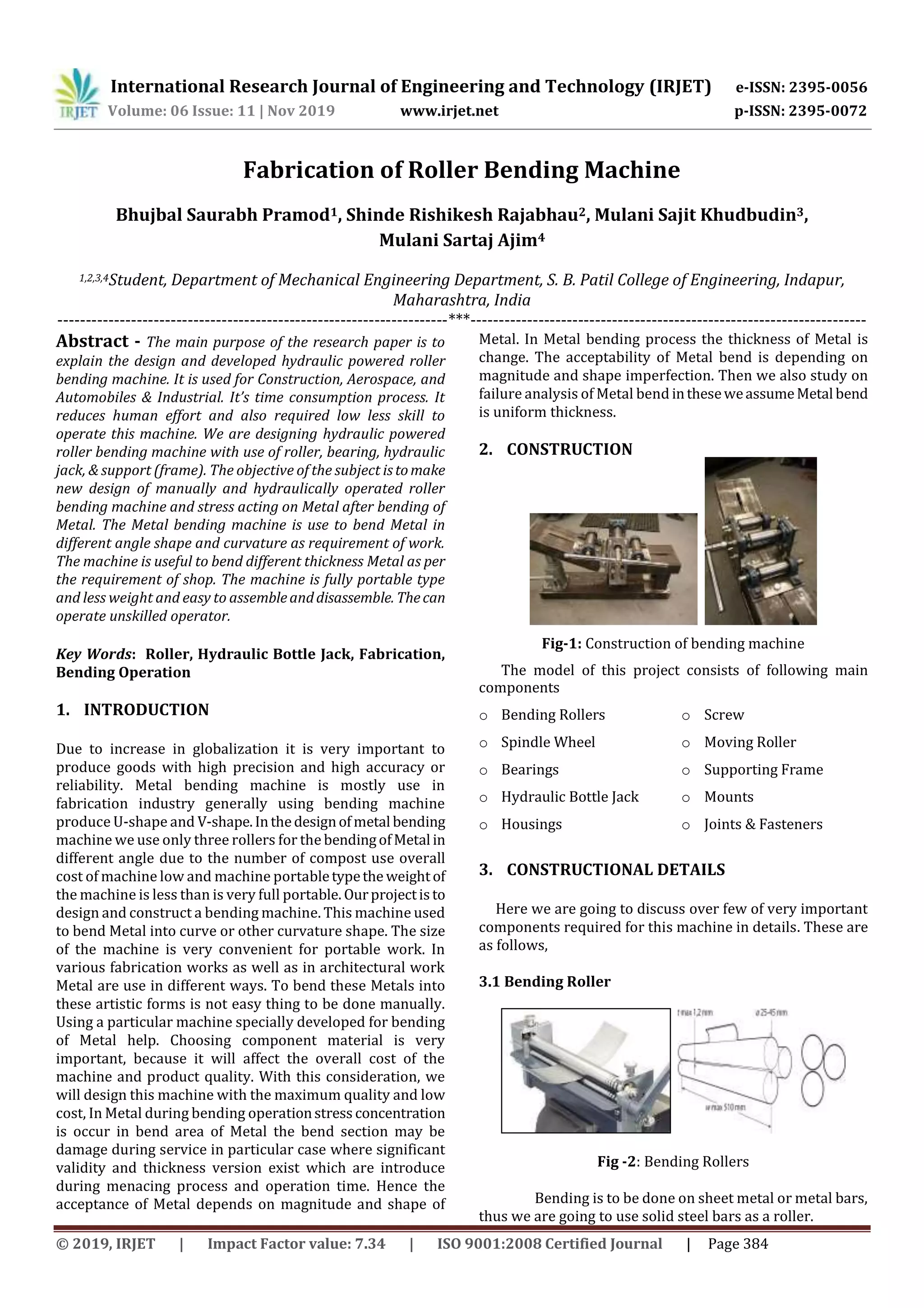 IRJET- Fabrication of Roller Bending Machine | PDF