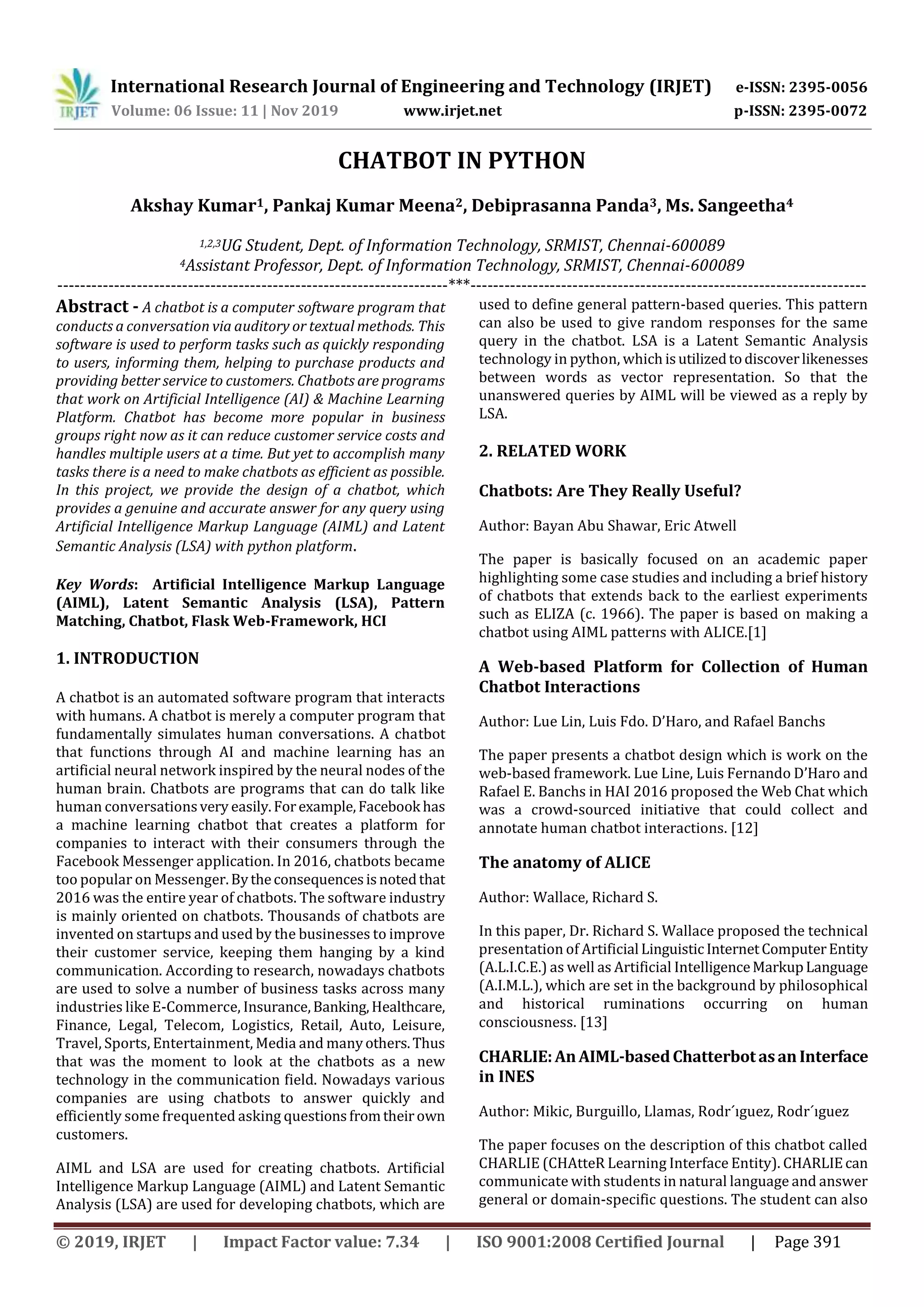 IRJET- Chatbot in Python | PDF