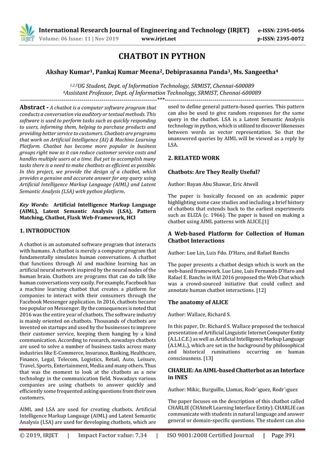 IRJET- Chatbot in Python | PDF | Artificial Intelligence | Technology & Computing