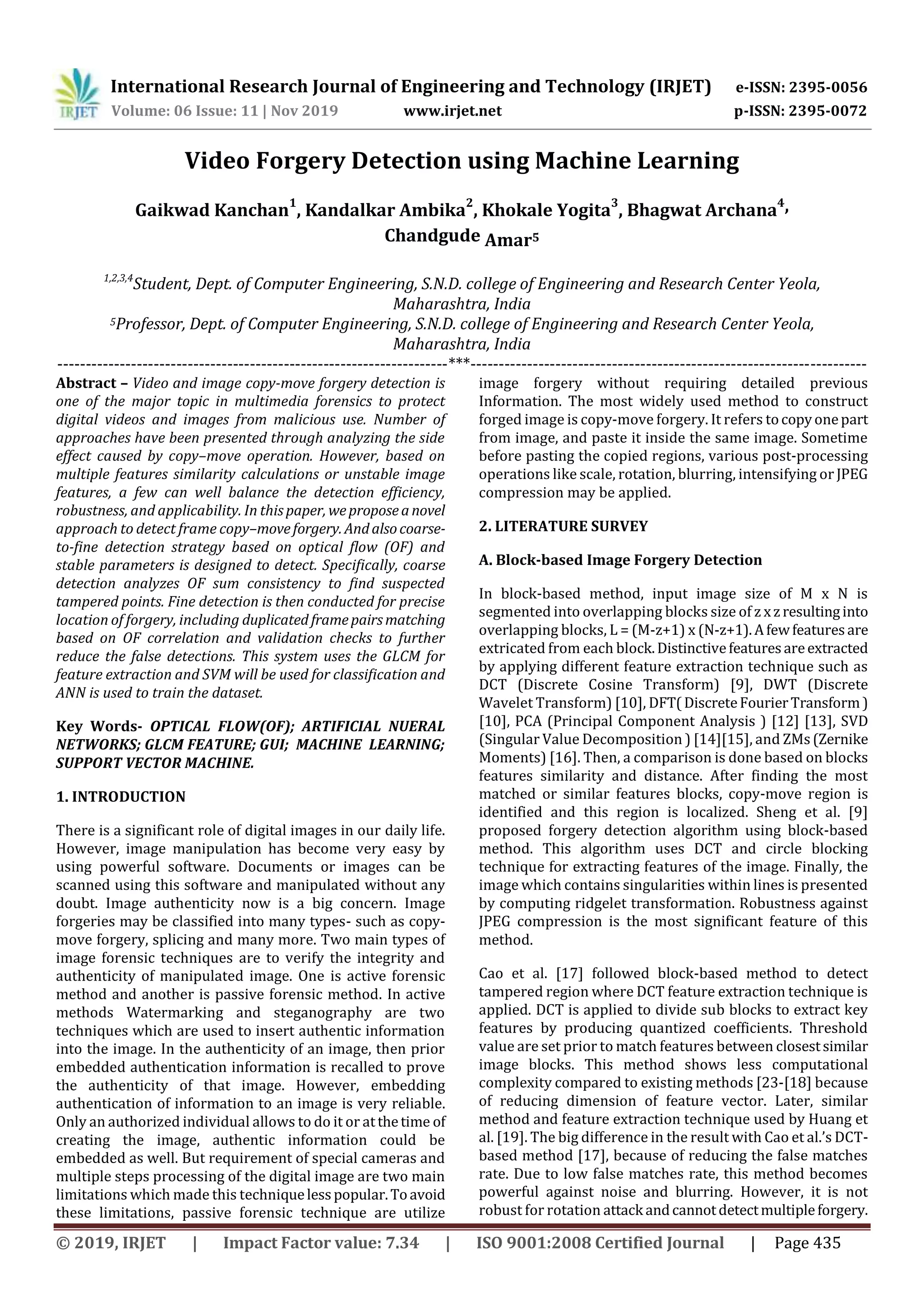 IRJET- Video Forgery Detection using Machine Learning | PDF