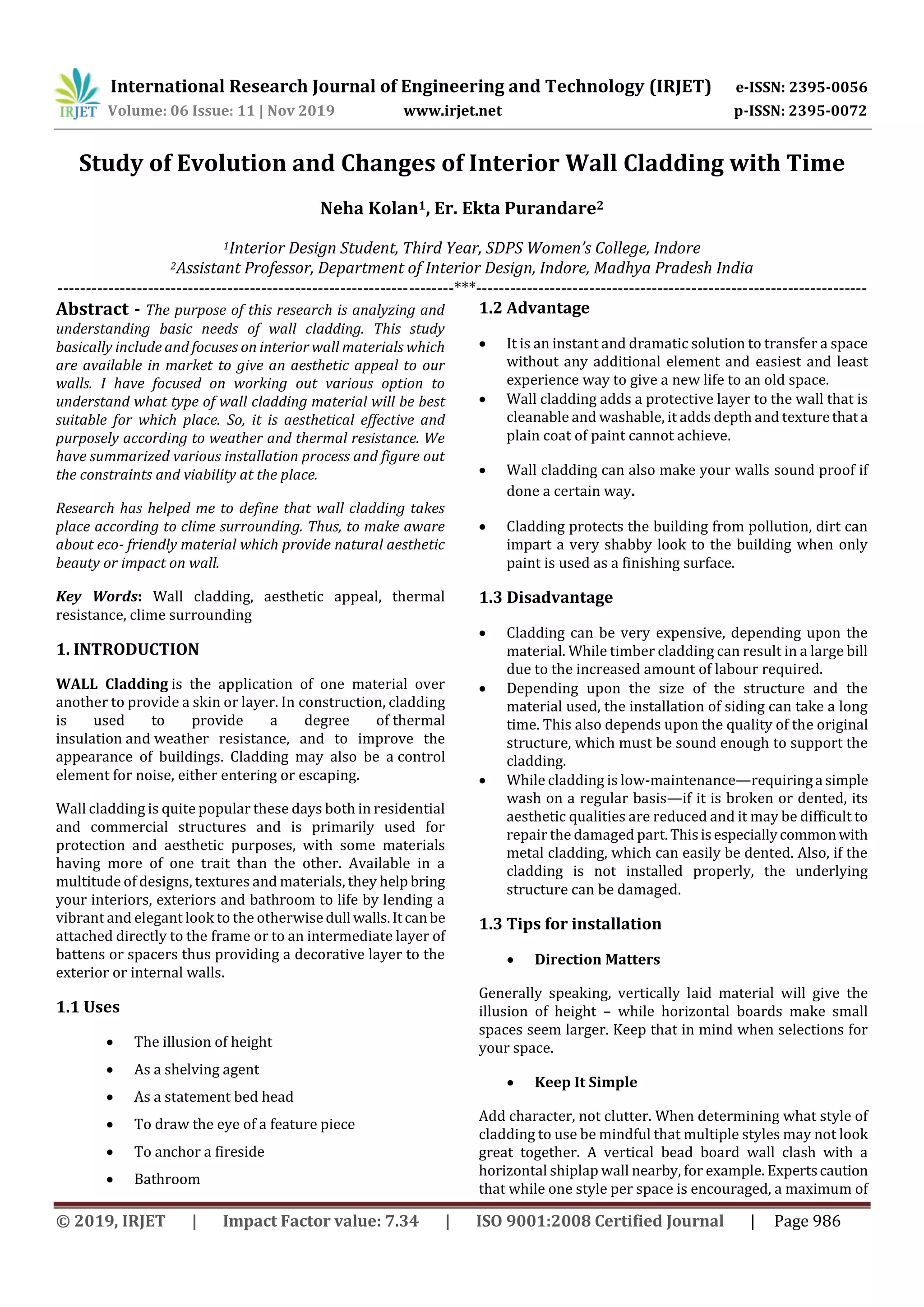 IRJET- Study of Evolution and Changes of Interior Wall Cladding with Time | PDF
