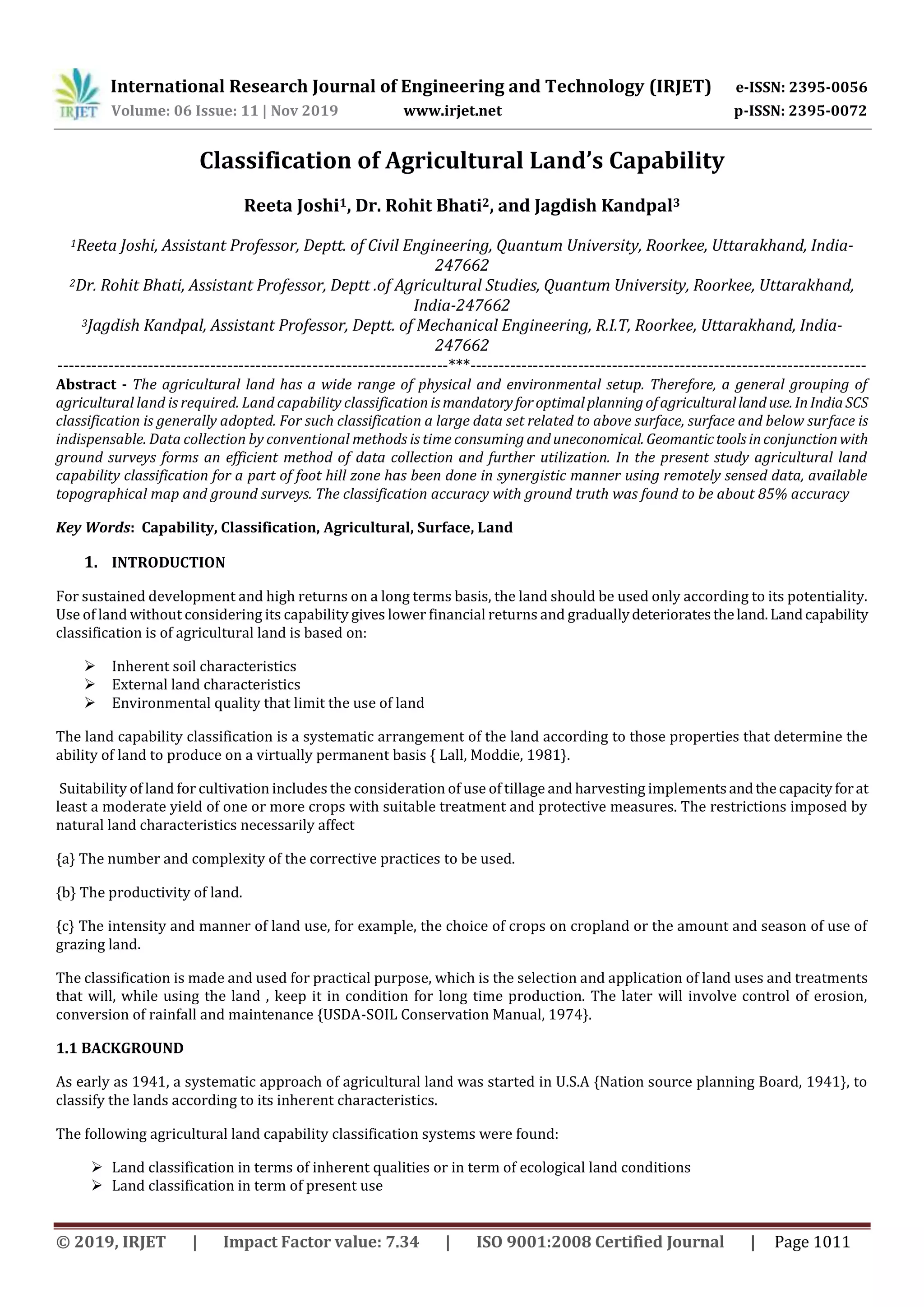 IRJET- Classification of Agricultural Land’s Capability | PDF