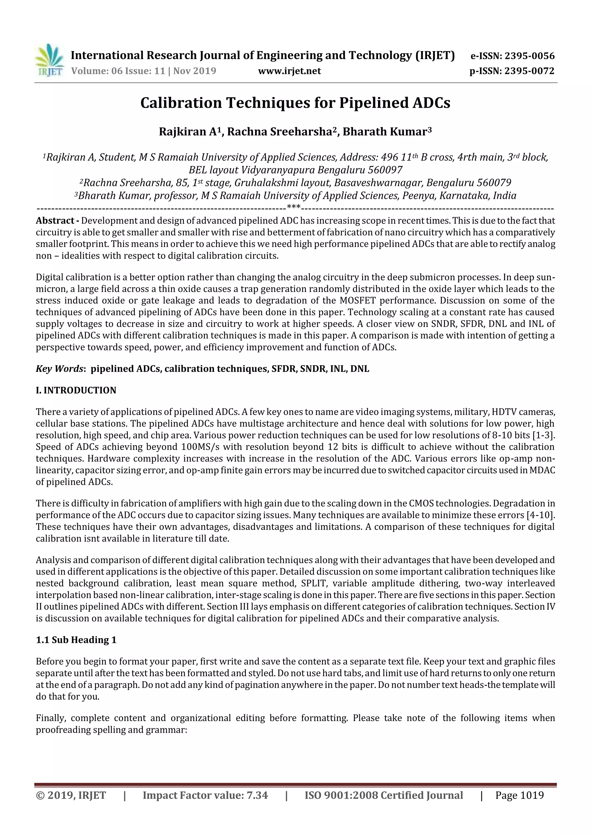 IRJET- Calibration Techniques for Pipelined ADCs | PDF