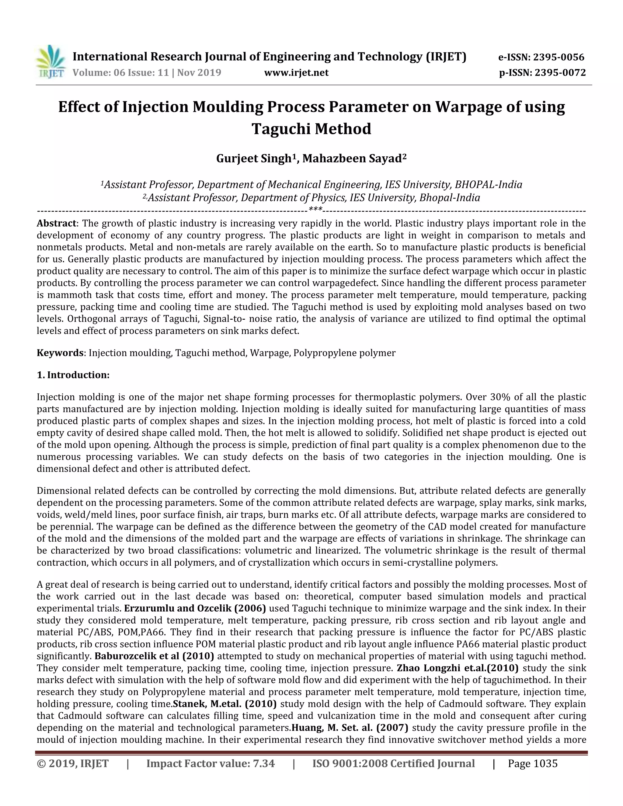 IRJET- Effect of Injection Moulding Process Parameter on Warpage of using Taguchi Method | PDF