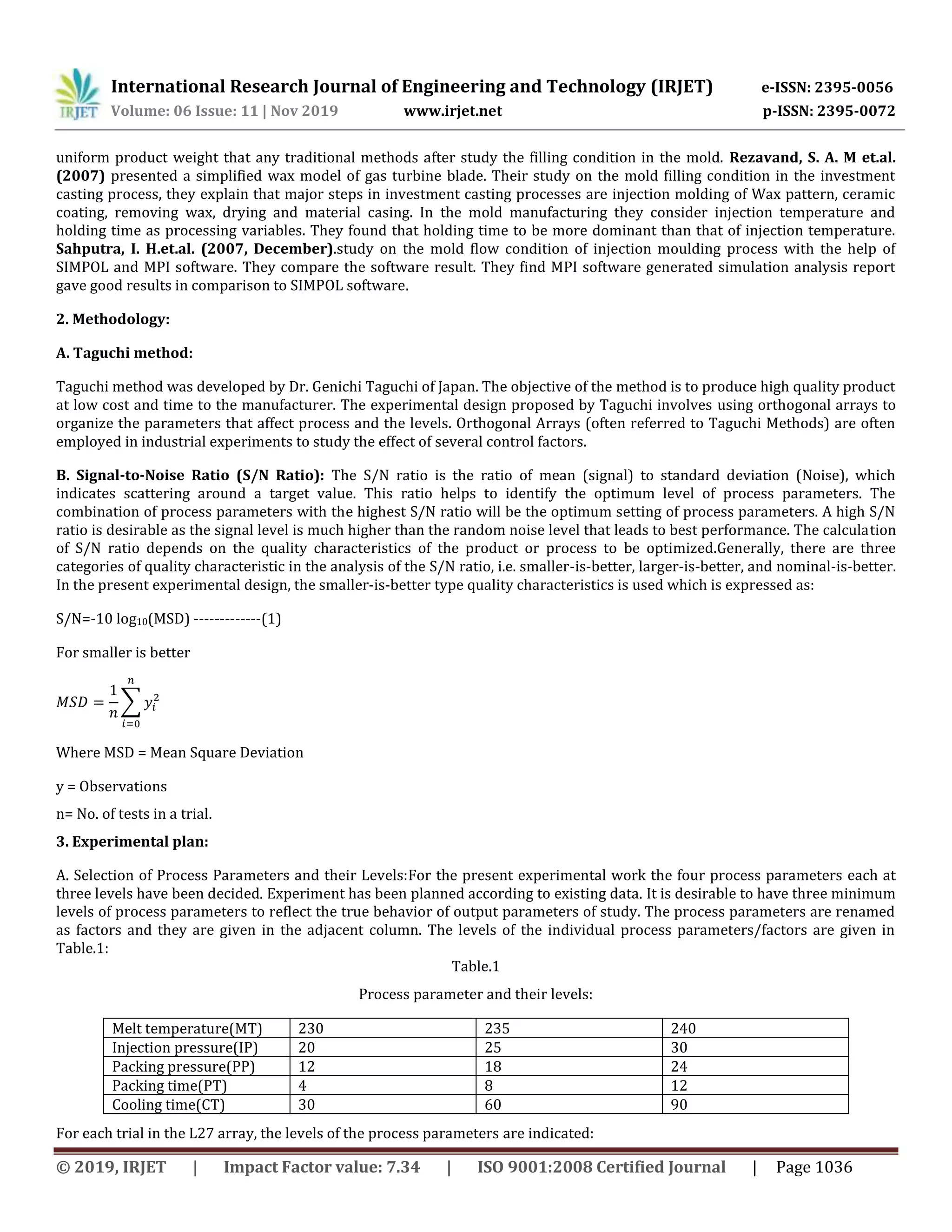Irjet Effect Of Injection Moulding Process Parameter On Warpage Of Using Taguchi Method Pdf