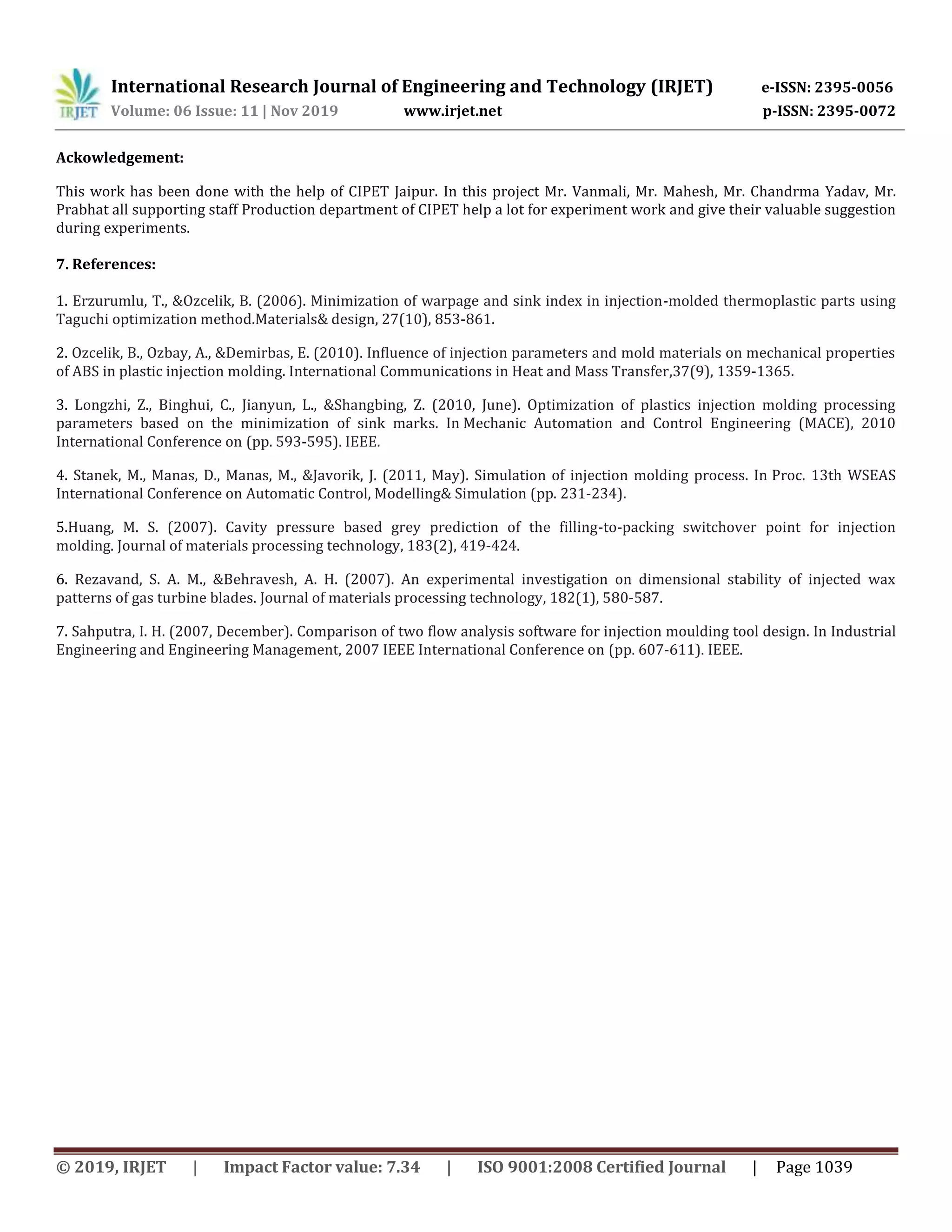 IRJET- Effect of Injection Moulding Process Parameter on Warpage of using Taguchi Method | PDF