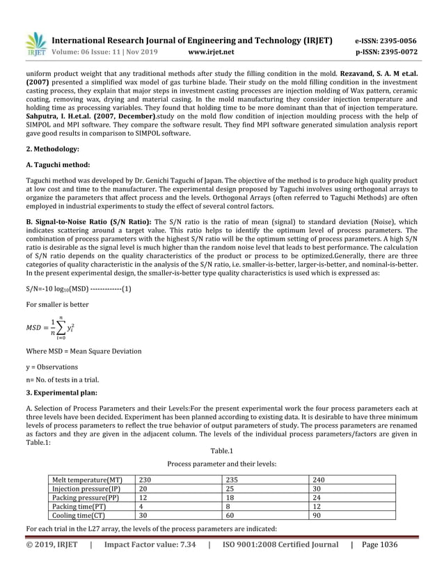 Irjet Effect Of Injection Moulding Process Parameter On Warpage Of Using Taguchi Method Pdf