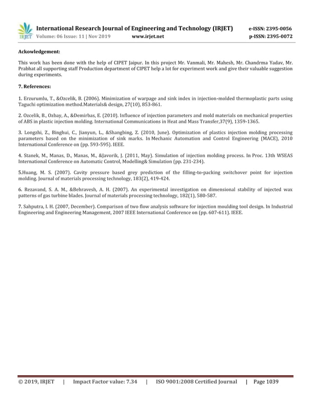 Irjet Effect Of Injection Moulding Process Parameter On Warpage Of Using Taguchi Method Pdf
