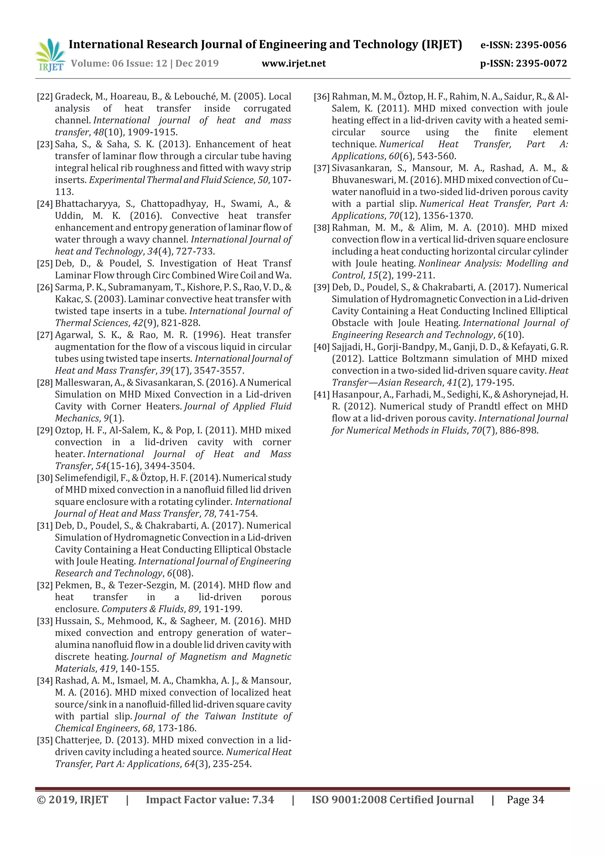 Irjet Review Of Convection And Magnetohydrodynamic Mixed Convection Heat Transfer Enhancement Pdf