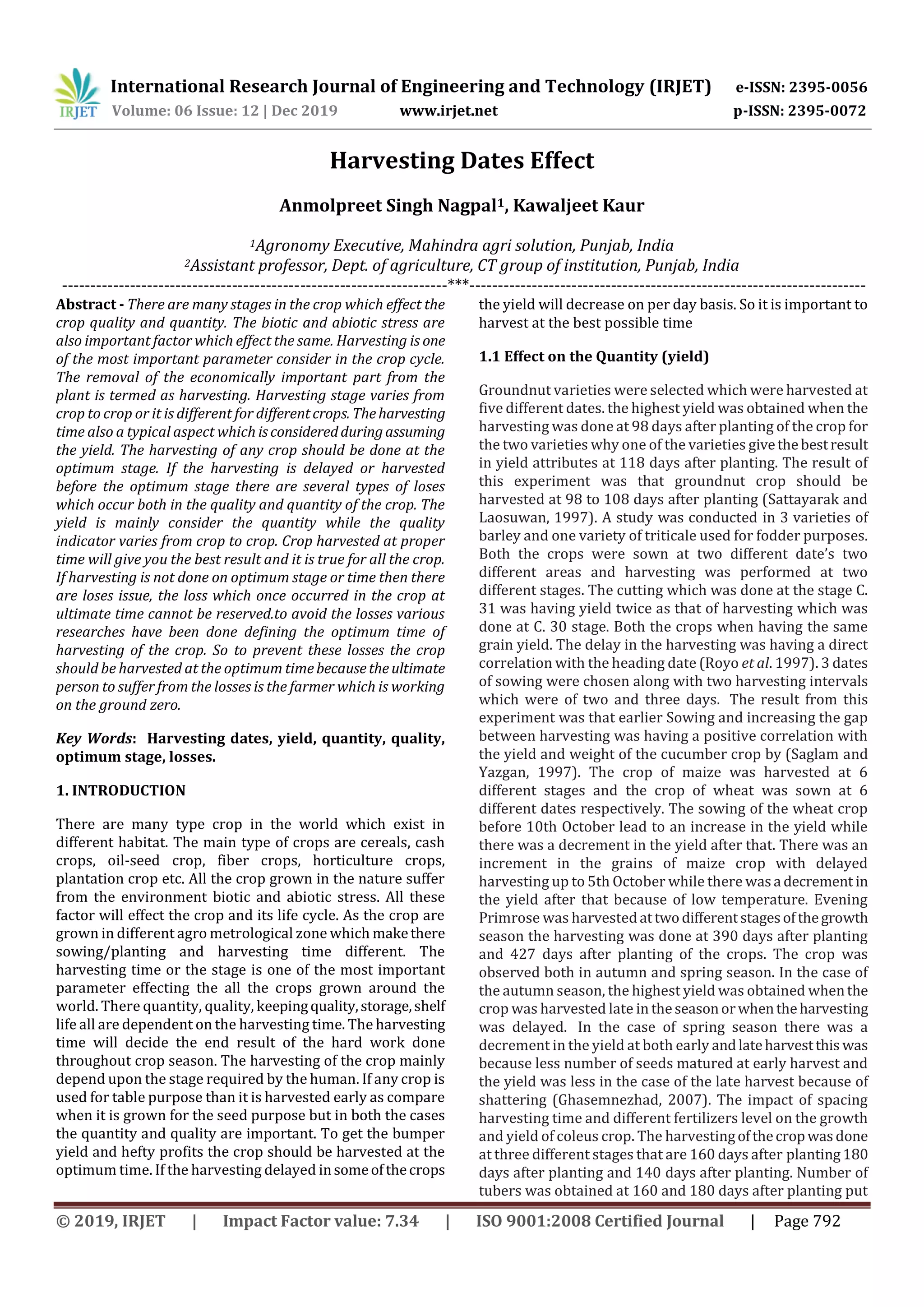 IRJET- Harvesting Dates Effect | PDF
