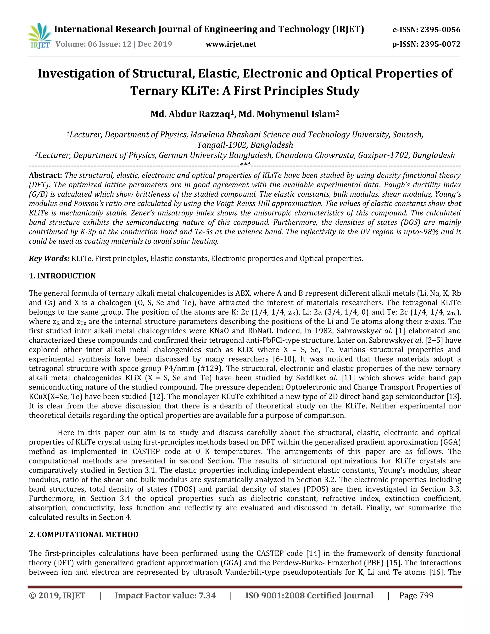 Irjet Investigation Of Structural Elastic Electronic And Optical