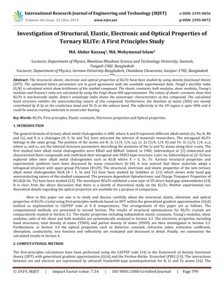 IRJET- Investigation of Structural, Elastic, Electronic and Optical Properties of Ternary KLiTe ...