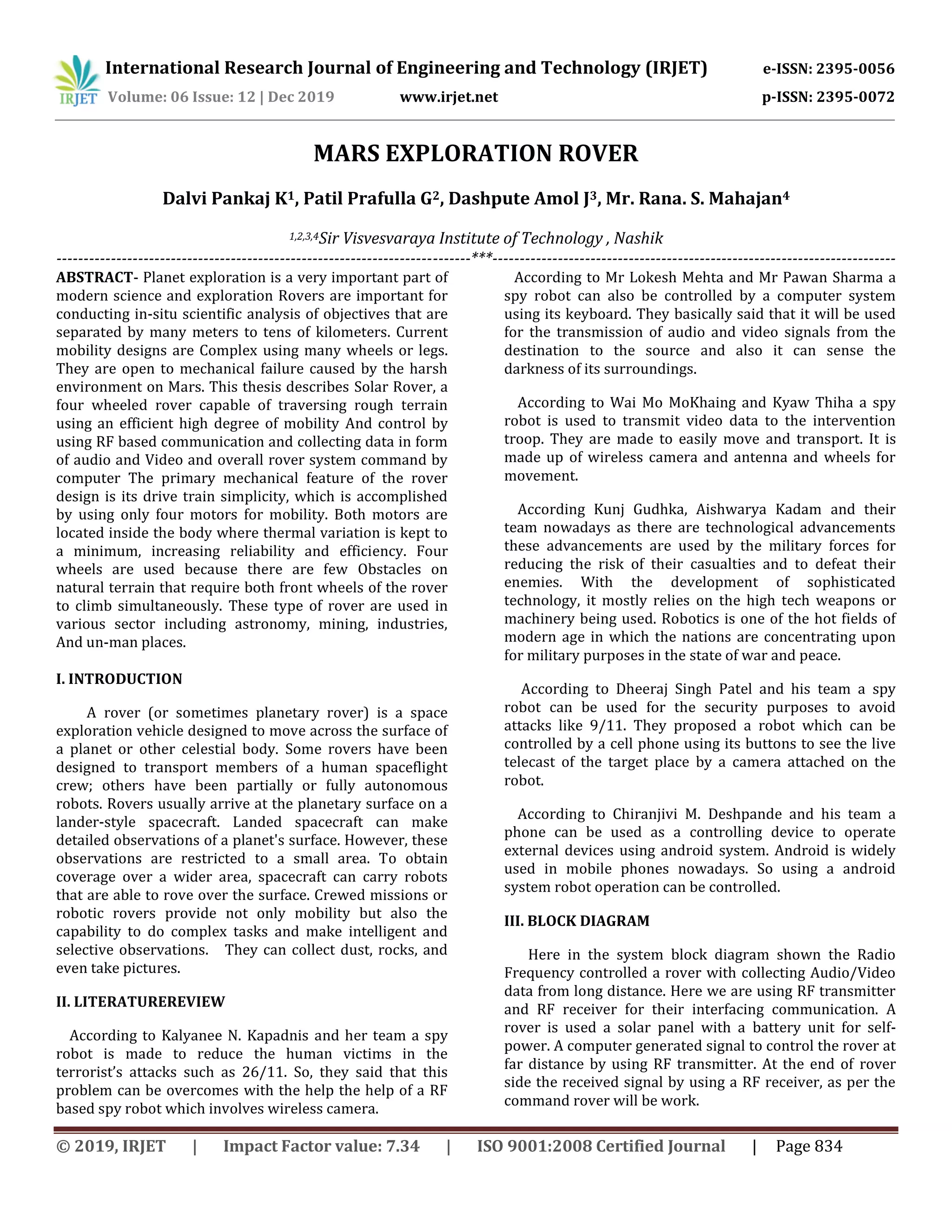 IRJET- Mars Exploration Rover | PDF