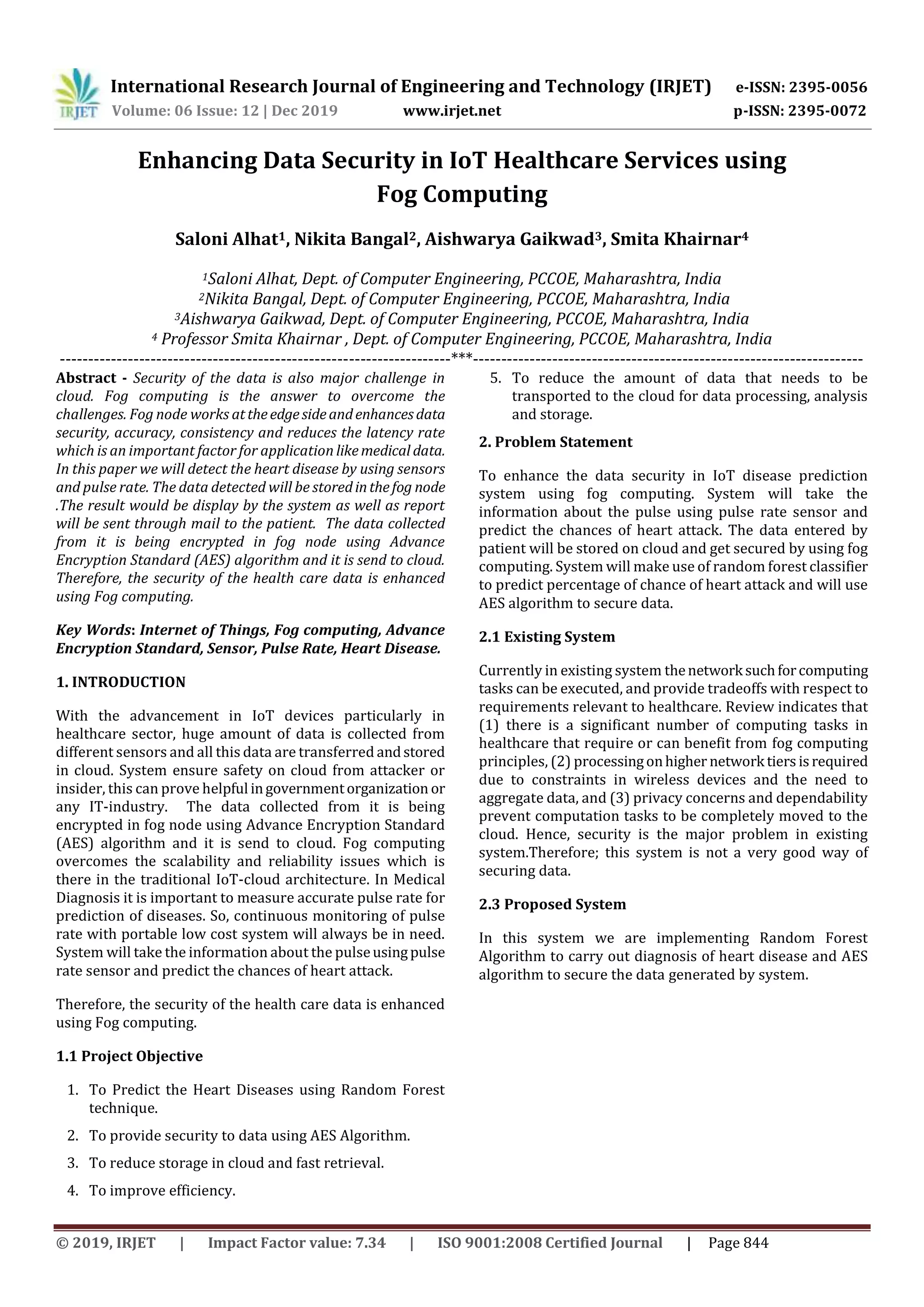 IRJET- Enhancing Data Security in IoT Healthcare Services using Fog Computing | PDF