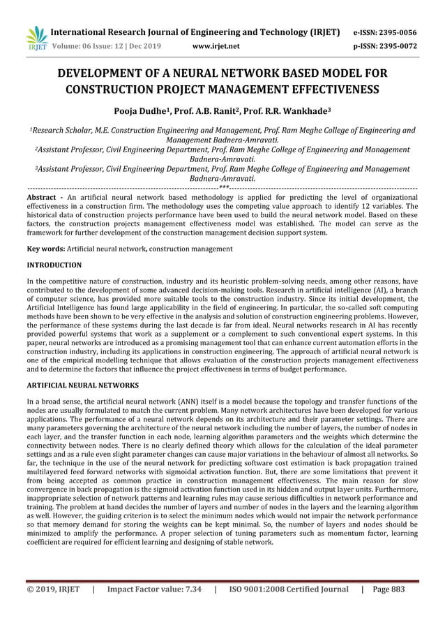 IRJET- Development of a Neural Network based Model for Construction Project Management ...