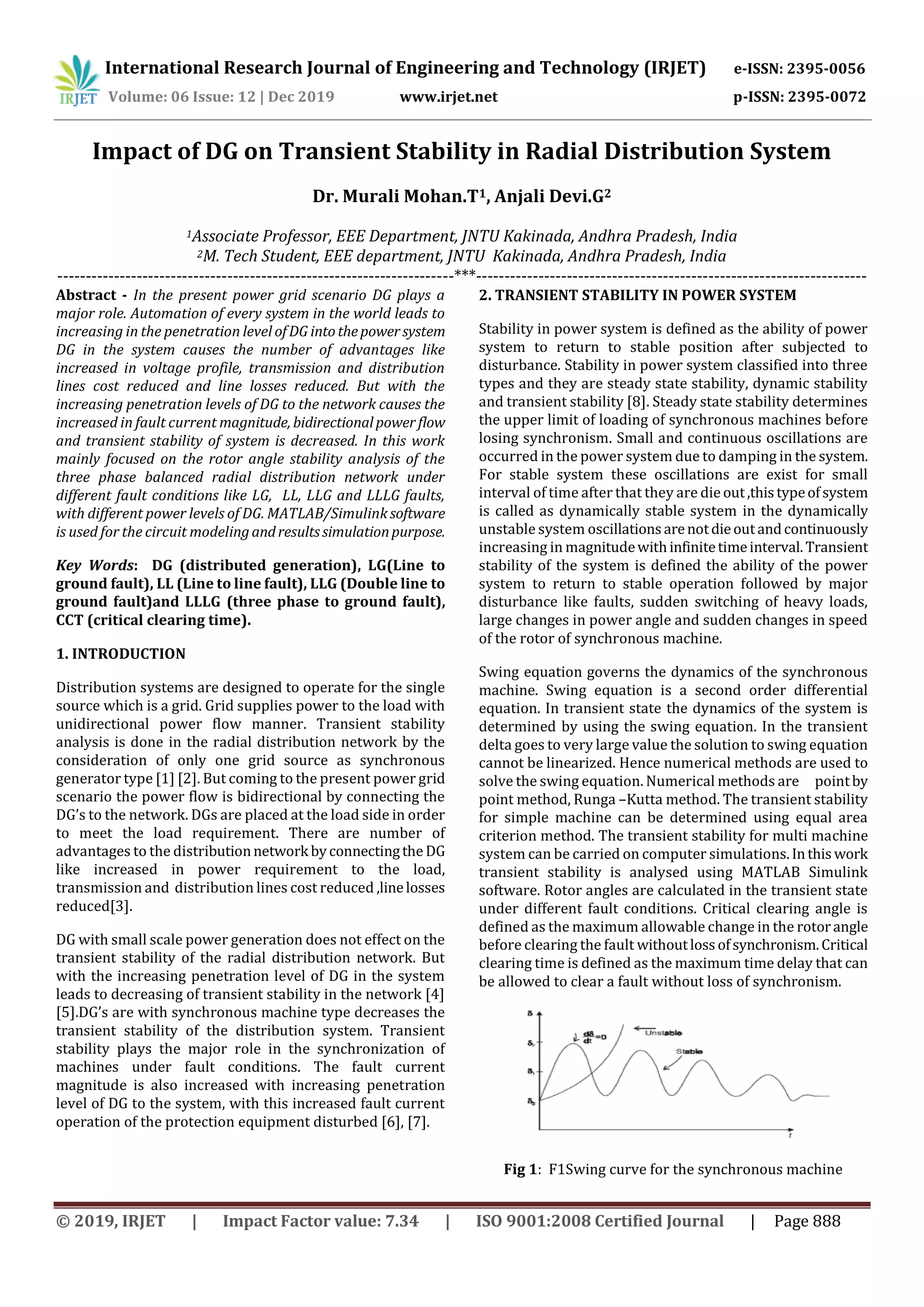 IRJET- Impact of DG on Transient Stability in Radial Distribution ...