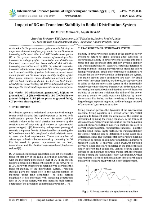 IRJET- Impact of DG on Transient Stability in Radial Distribution System | PDF