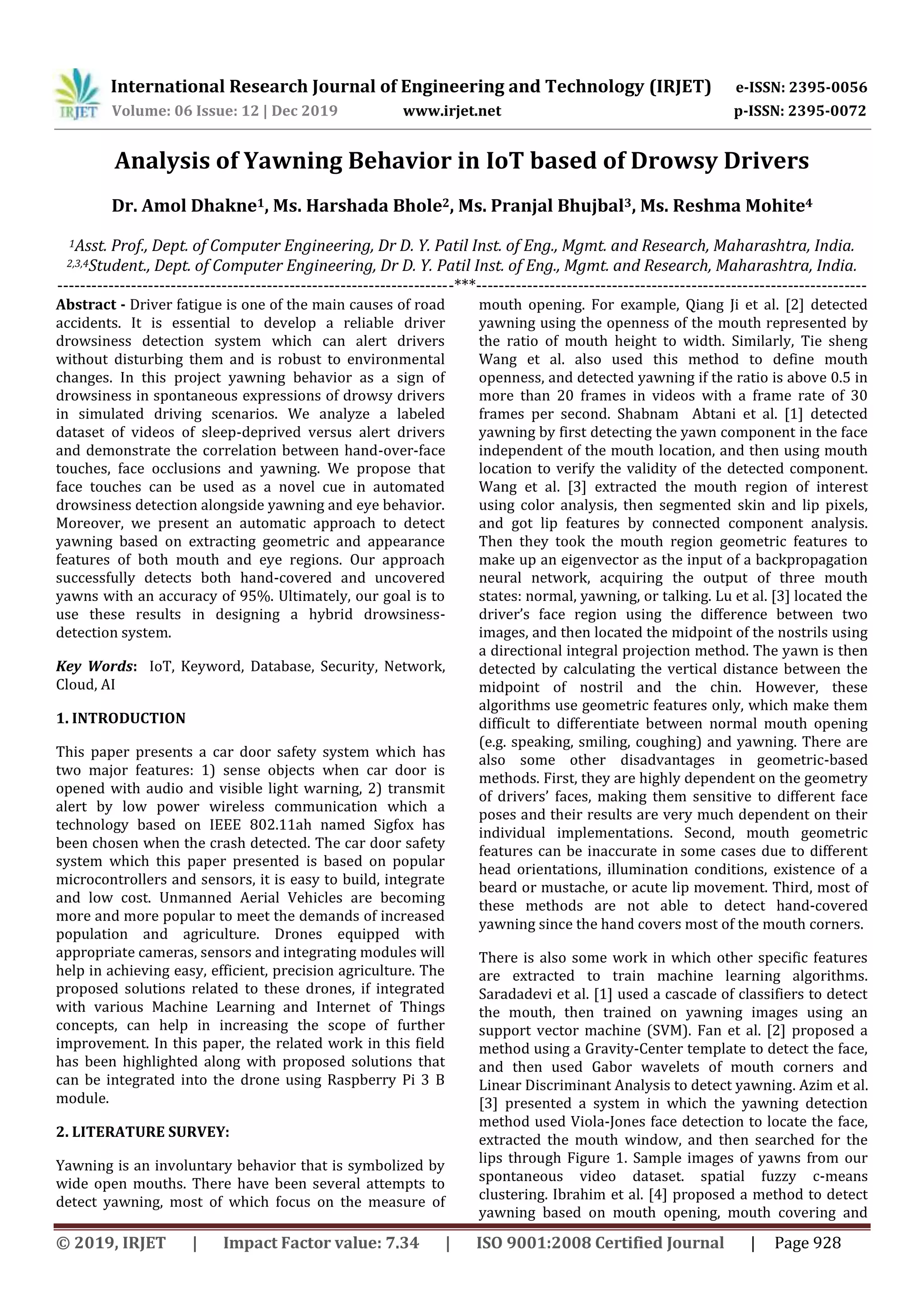 IRJET- Analysis of Yawning Behavior in IoT based of Drowsy Drivers | PDF