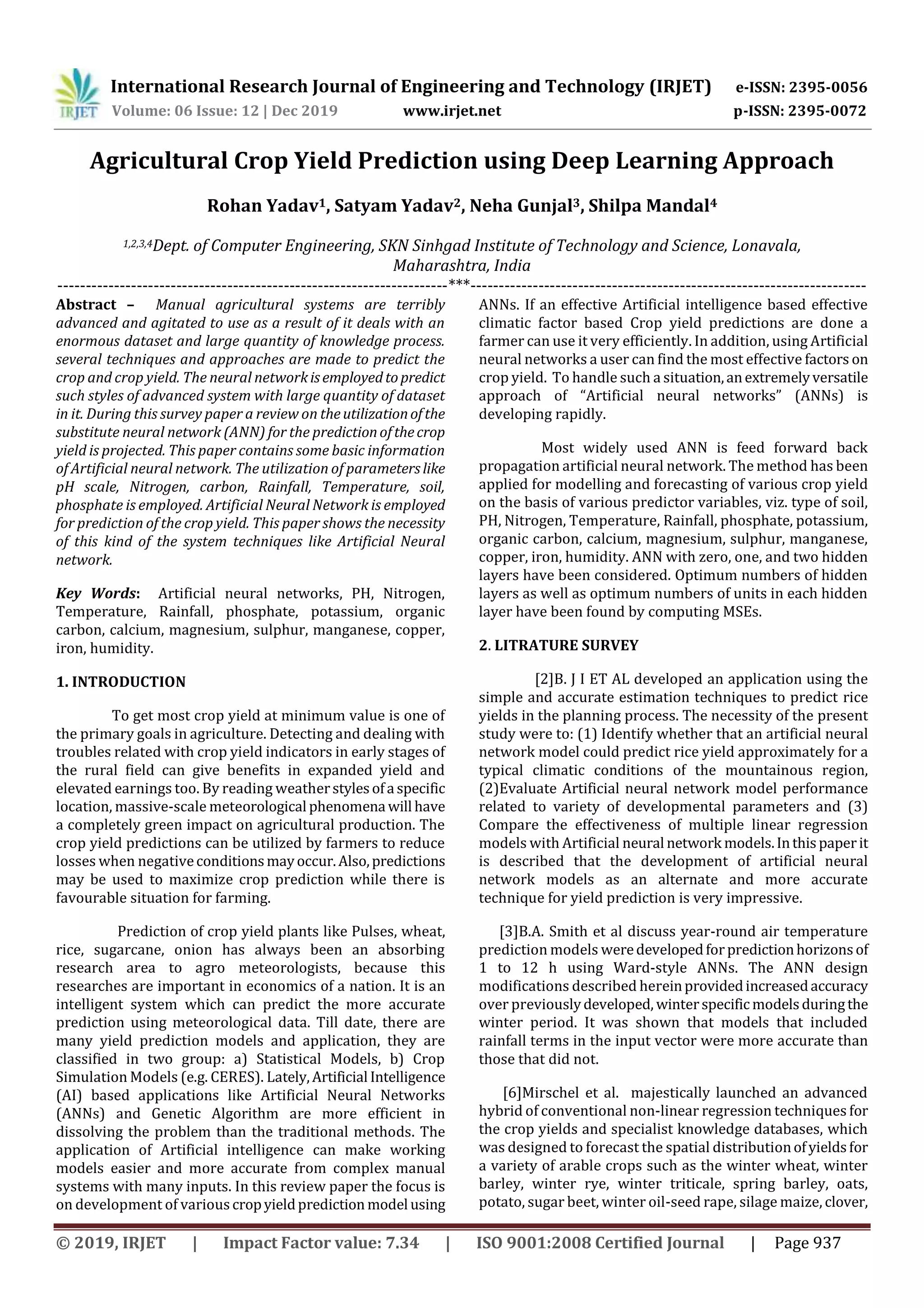IRJET- Agricultural Crop Yield Prediction using Deep Learning Approach | PDF