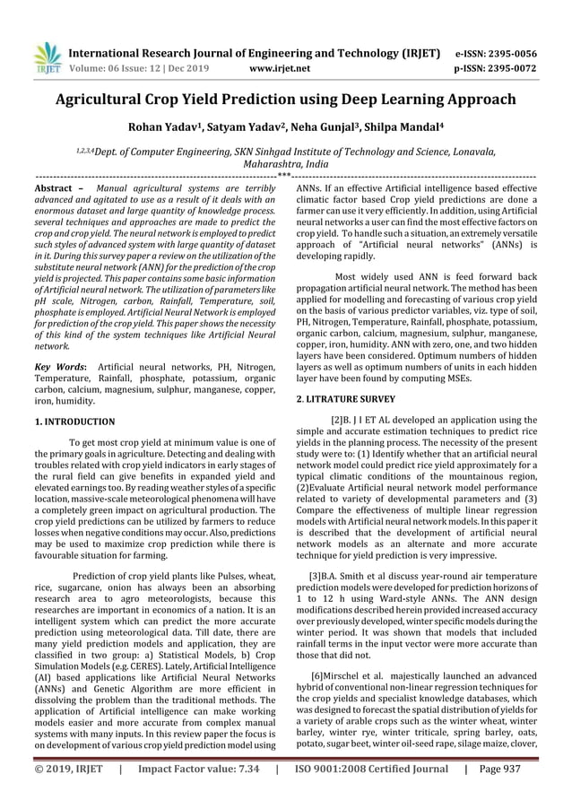 IRJET- Agricultural Crop Yield Prediction using Deep Learning Approach | PDF