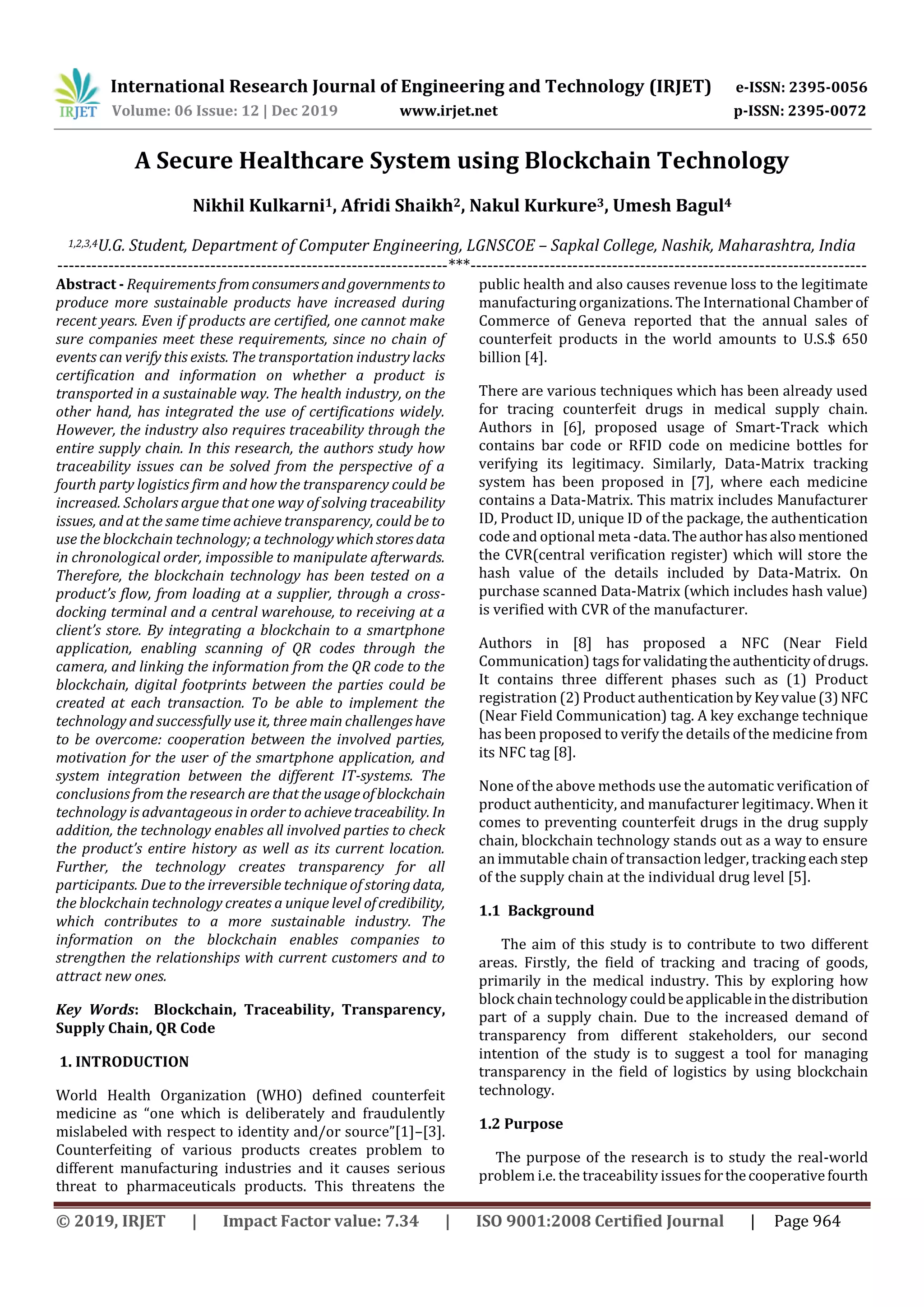 IRJET- A Secure Healthcare System using Blockchain Technology | PDF