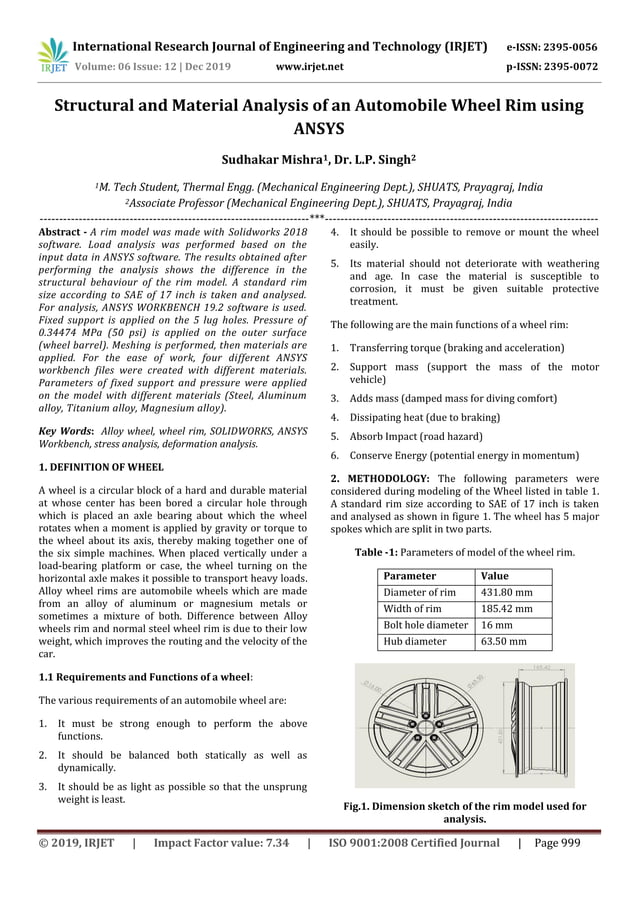 IRJET- Structural and Material Analysis of an Automobile Wheel Rim using ANSYS | PDF