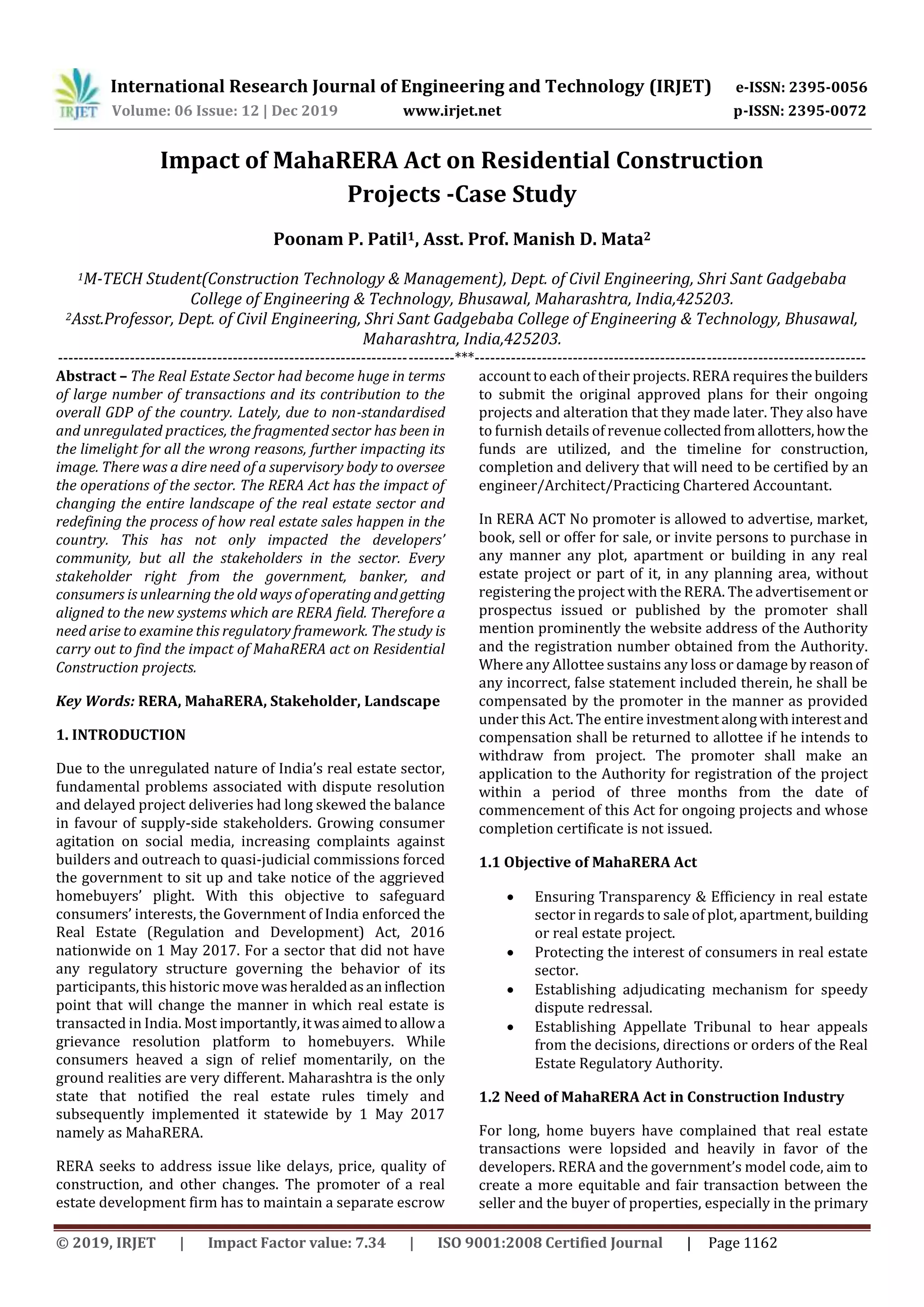 IRJET- Impact of Maharera Act on Residential Construction Projects -Case Study | PDF