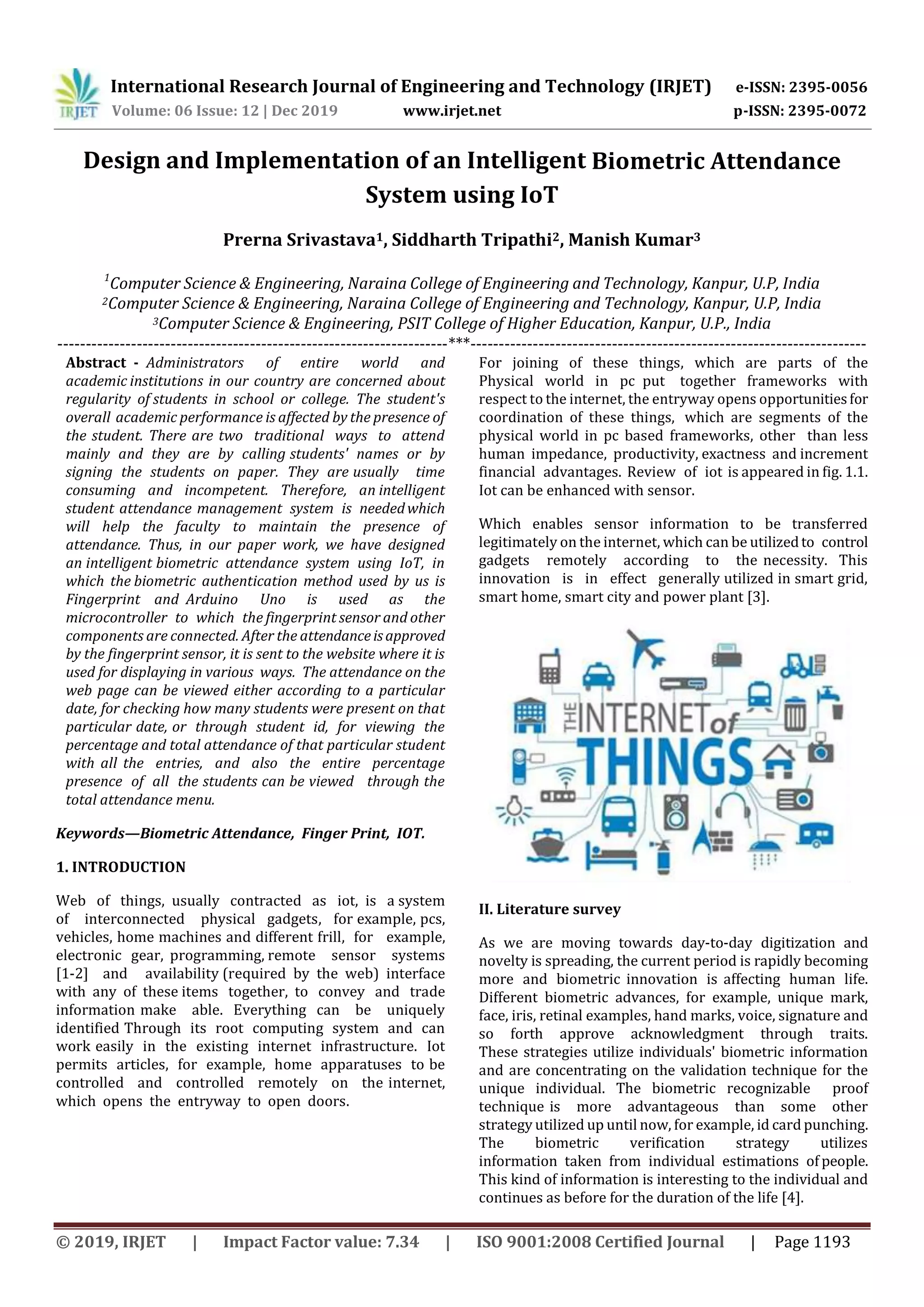 IRJET- Design and Implementation of an Intelligent Biometric Attendance System using IoT | PDF