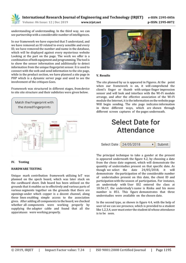 IRJET- Design and Implementation of an Intelligent Biometric Attendance System using IoT | PDF