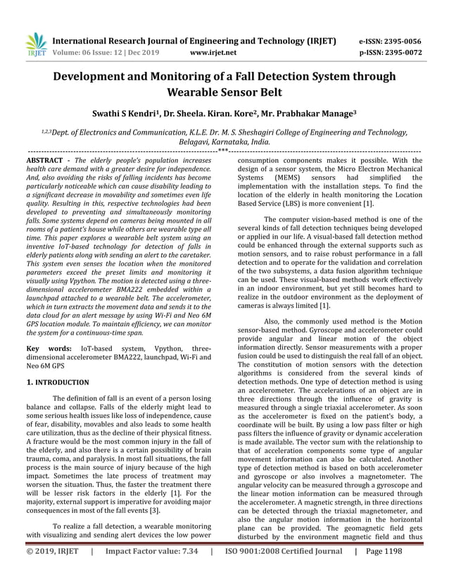 IRJET- Development and Monitoring of a Fall Detection System through Wearable Sensor Belt | PDF