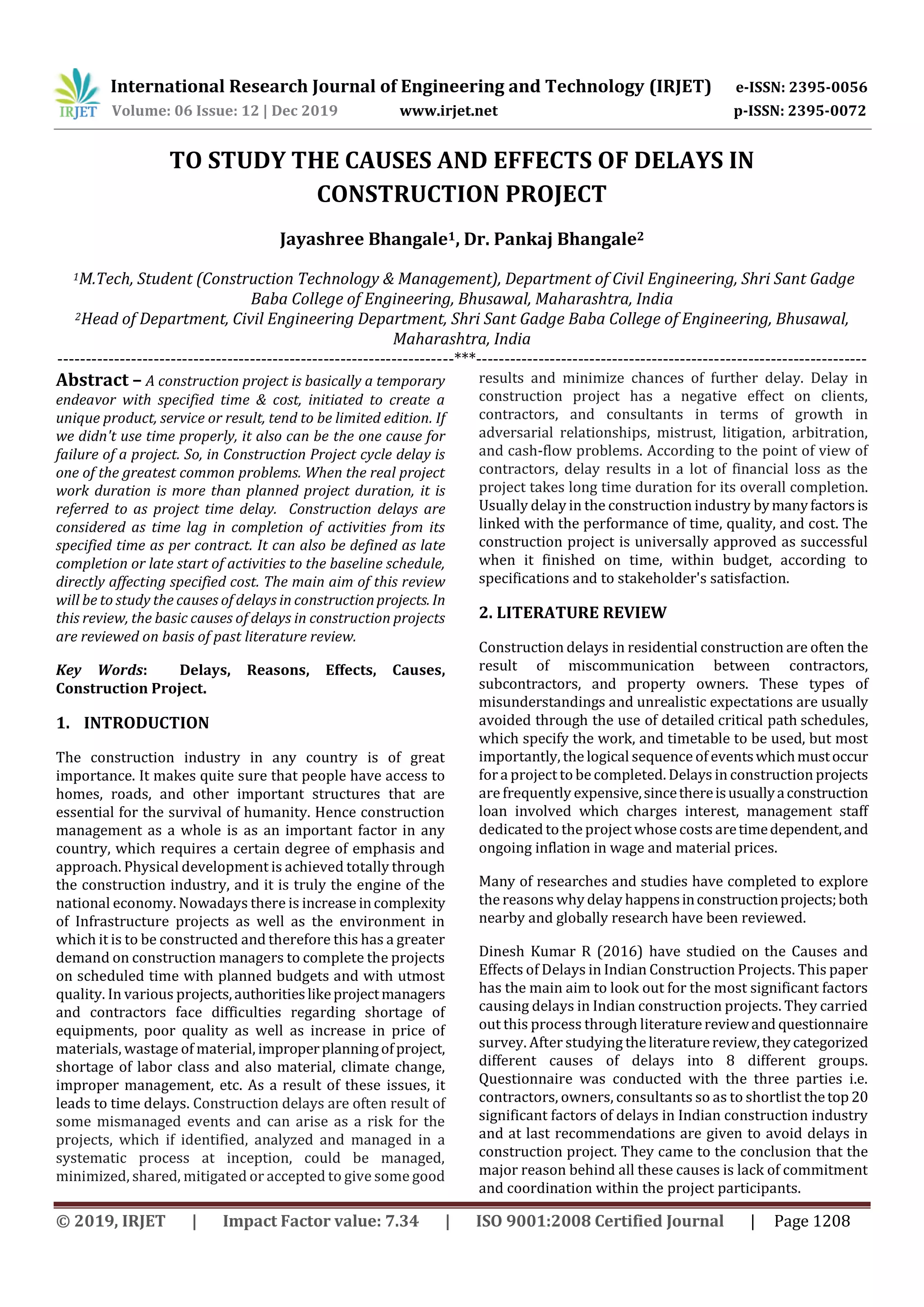 IRJET- To Study the Causes and Effects of Delays in Construction ...