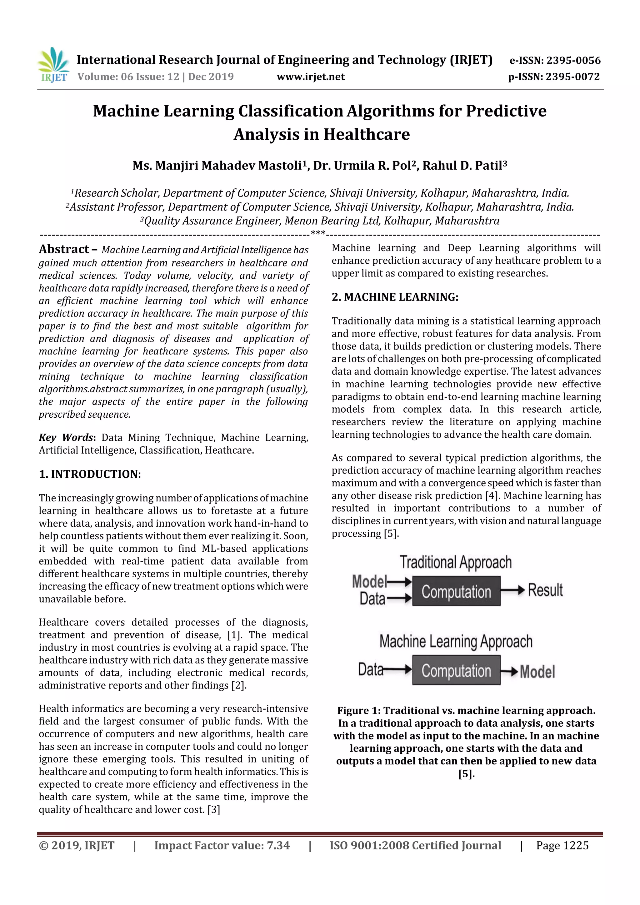 IRJET- Machine Learning Classification Algorithms for Predictive ... IRJET- Machine Learning Classification Algorithms for Predictive ...