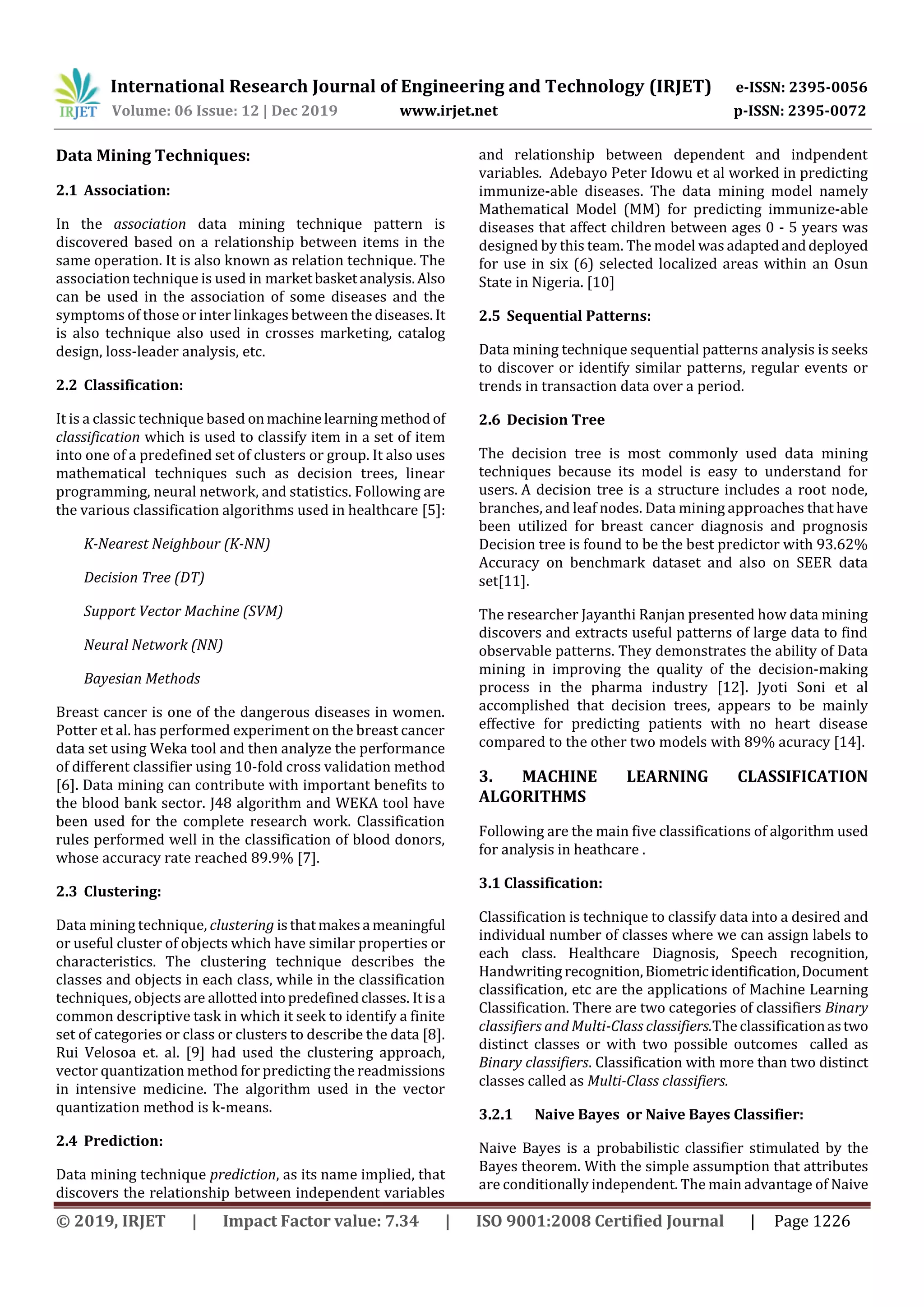IRJET- Machine Learning Classification Algorithms for Predictive Analysis in Healthcare | PDF