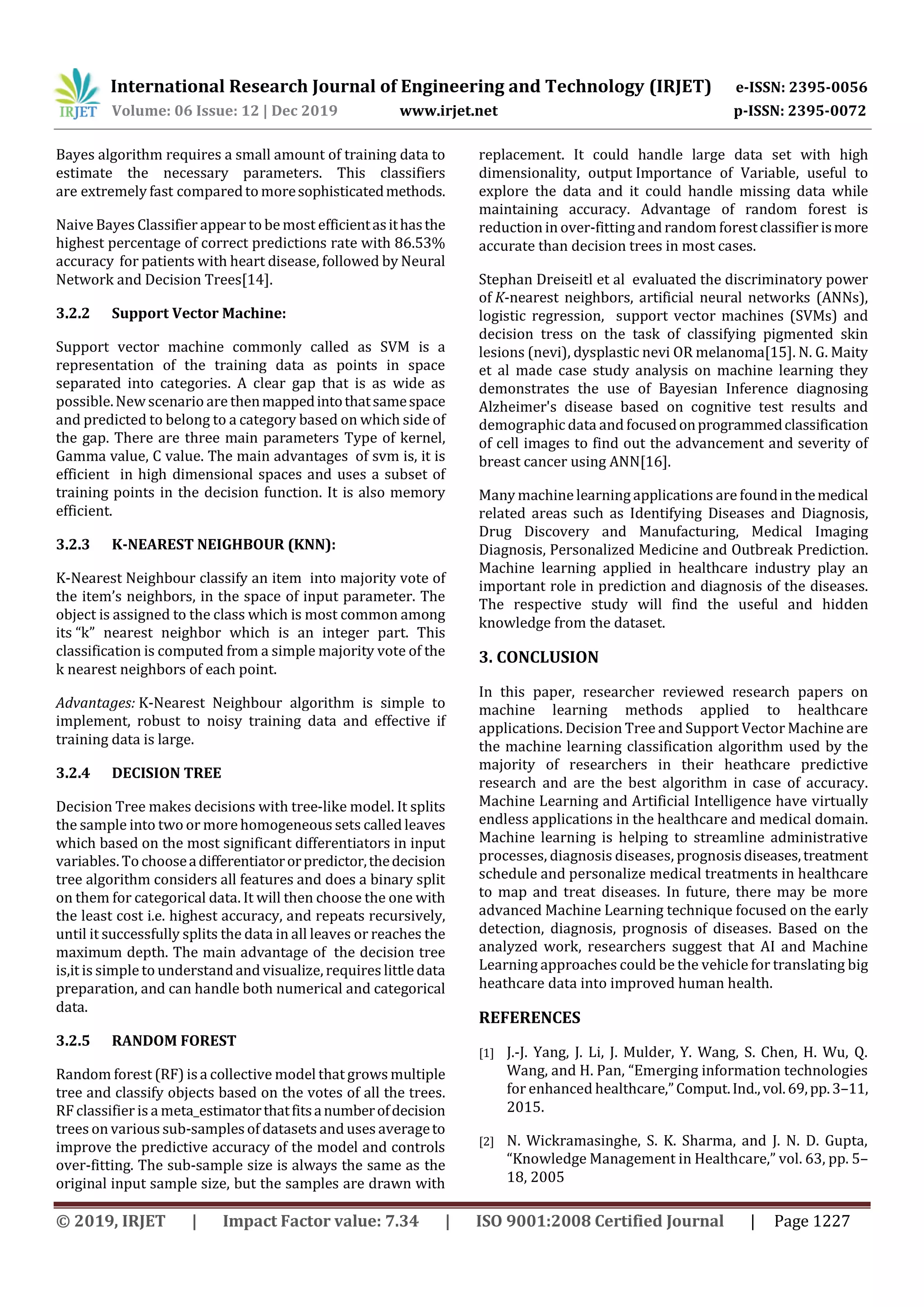 IRJET- Machine Learning Classification Algorithms for Predictive Analysis in Healthcare | PDF