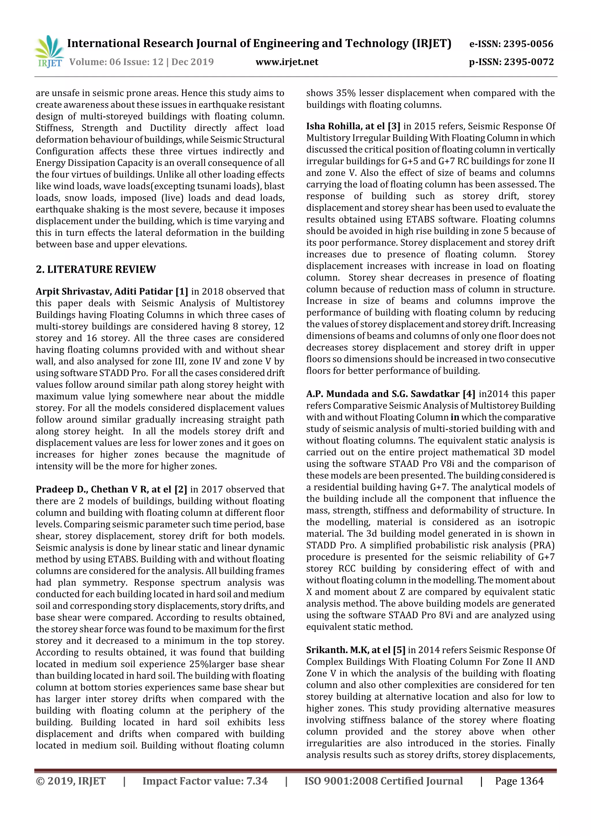 IRJET- Seismic Analysis of Multistory Building with Floating Column : A ...