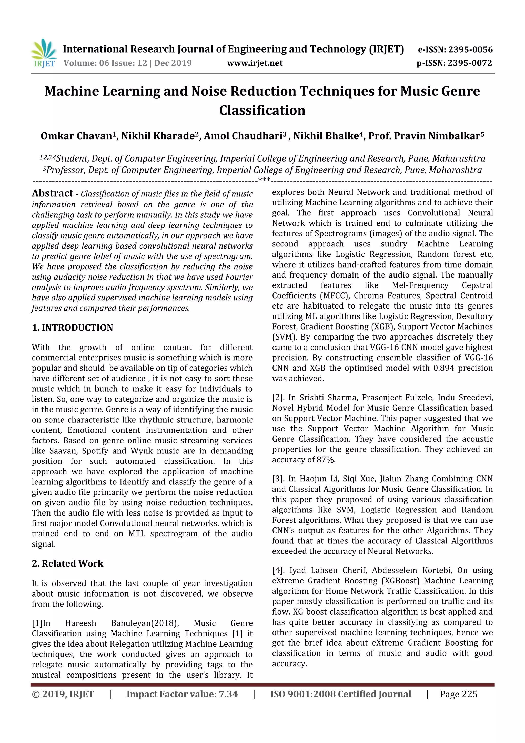 IRJET- Machine Learning and Noise Reduction Techniques for Music Genre ...