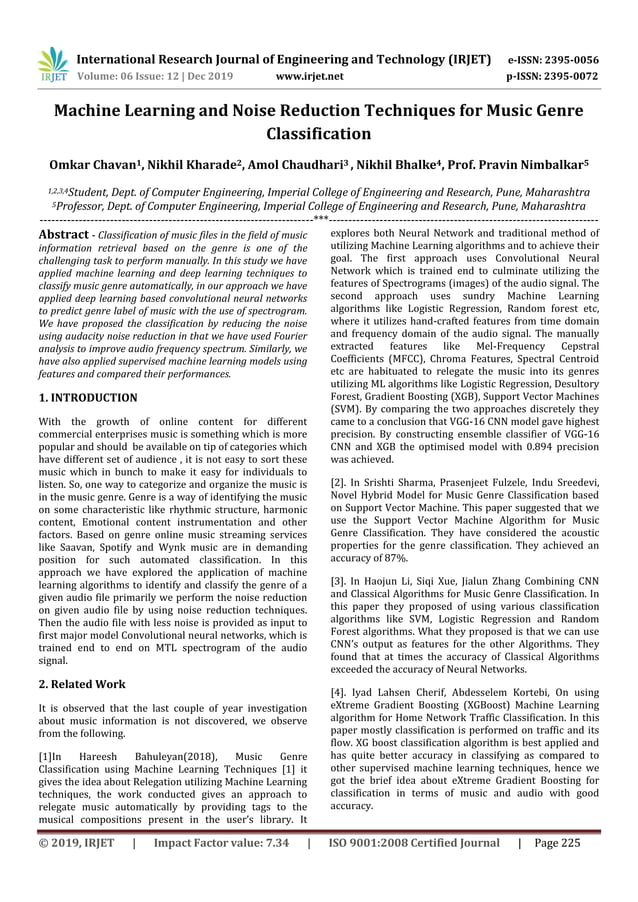 IRJET- Machine Learning and Noise Reduction Techniques for Music Genre Classification | PDF