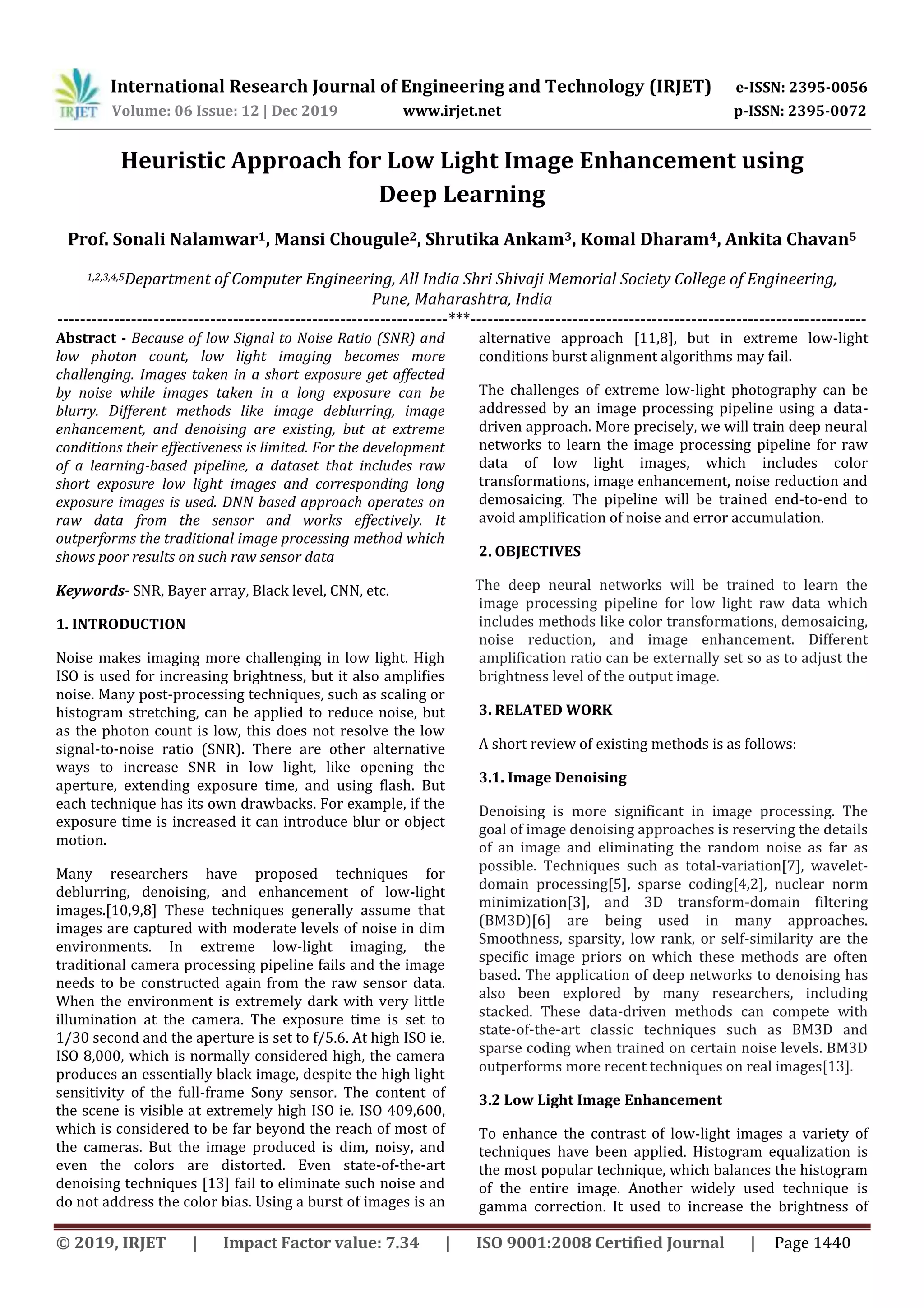 IRJET- Heuristic Approach for Low Light Image Enhancement using Deep Learning | PDF