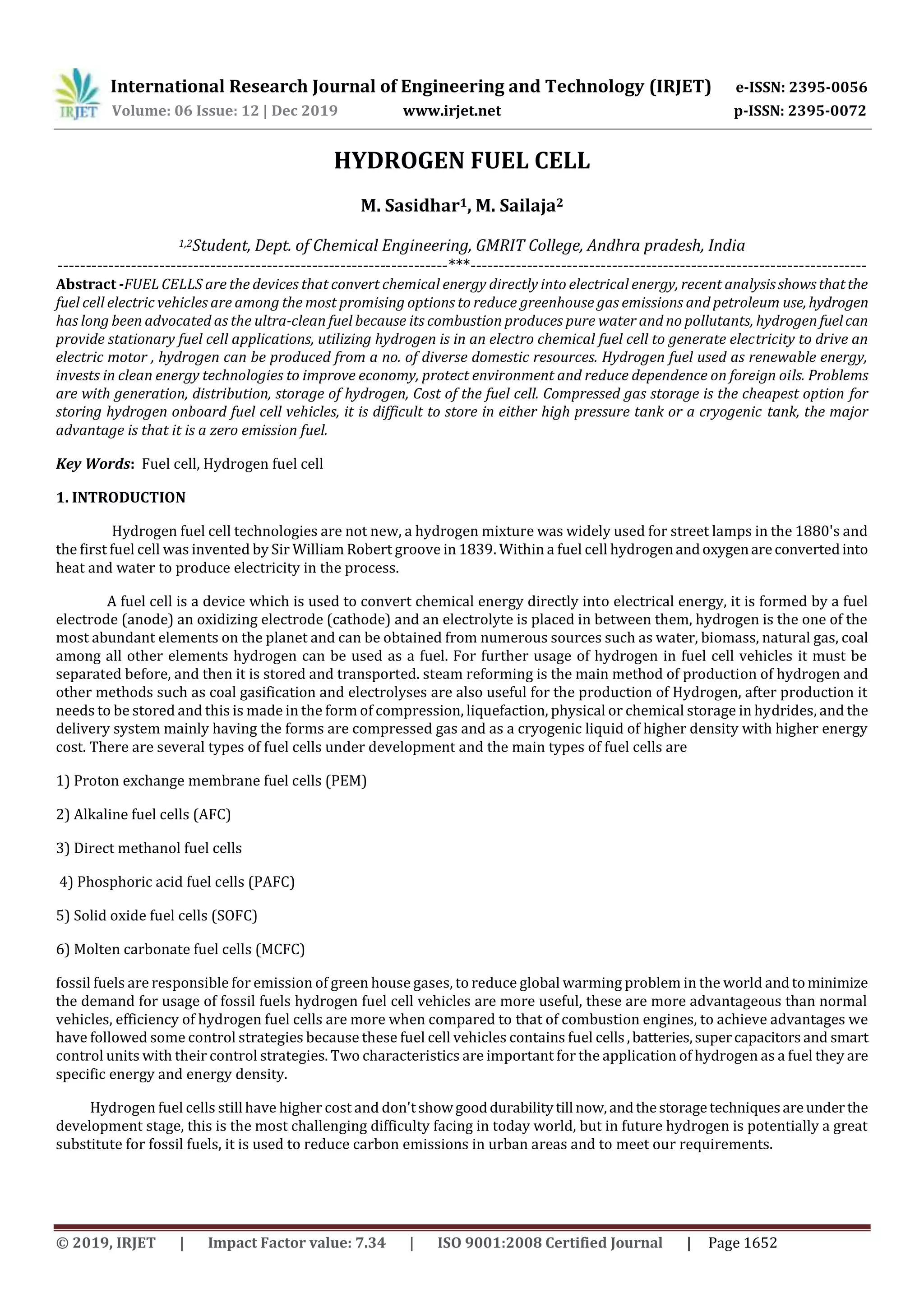 IRJET- Hydrogen Fuel Cell | PDF