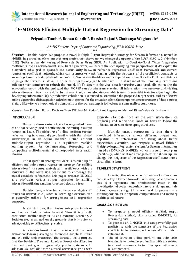 Irjet E Mores Efficient Multiple Output Regression For Streaming Data Pdf