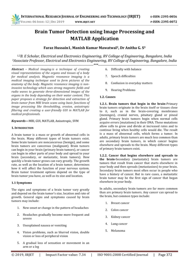 Irjet Brain Tumor Detection Using Image Processing And Matlab Application Pdf