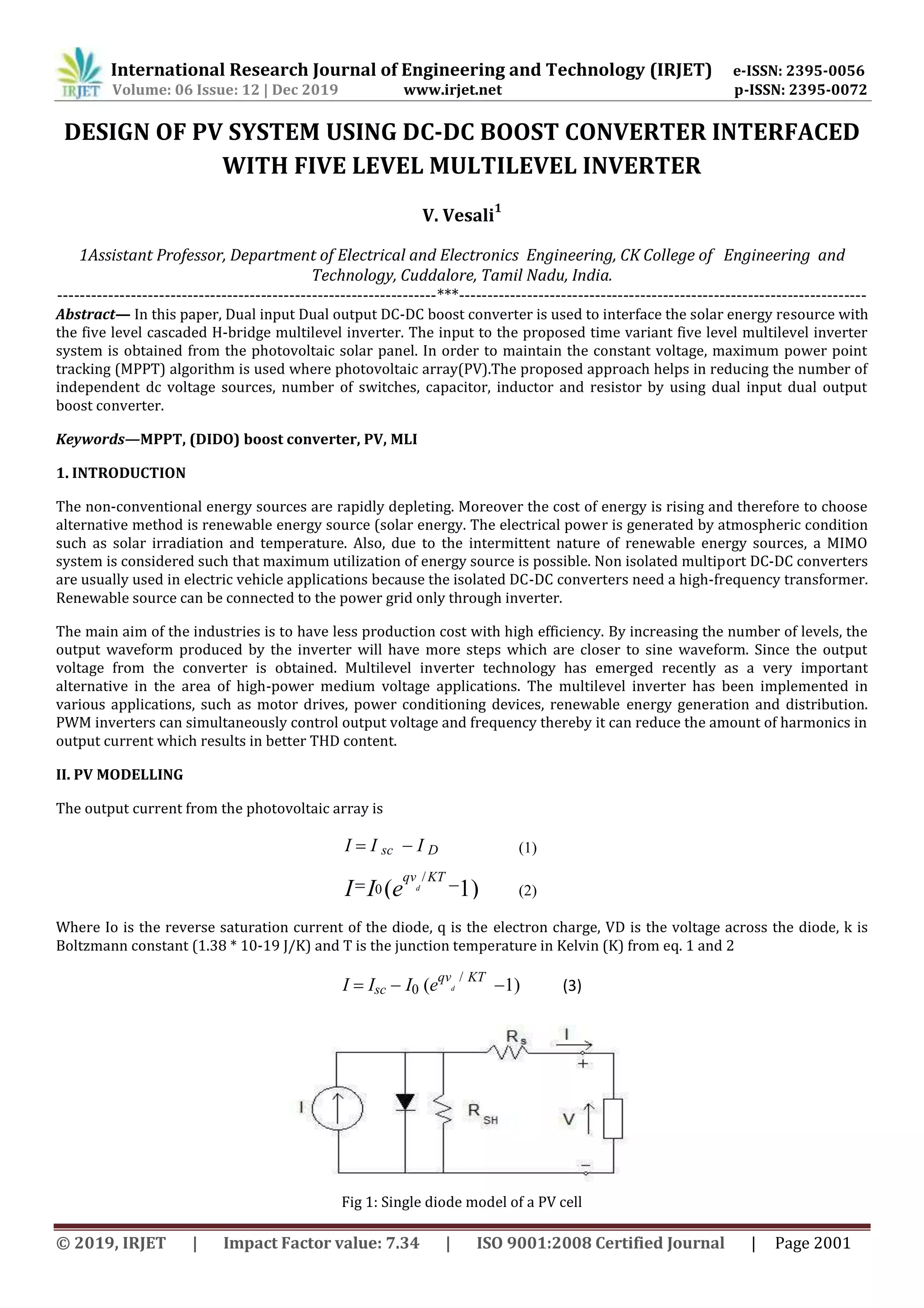 IRJET- Design of PV System using DC-DC Boost Converter Interfaced with Five Level Multilevel ...