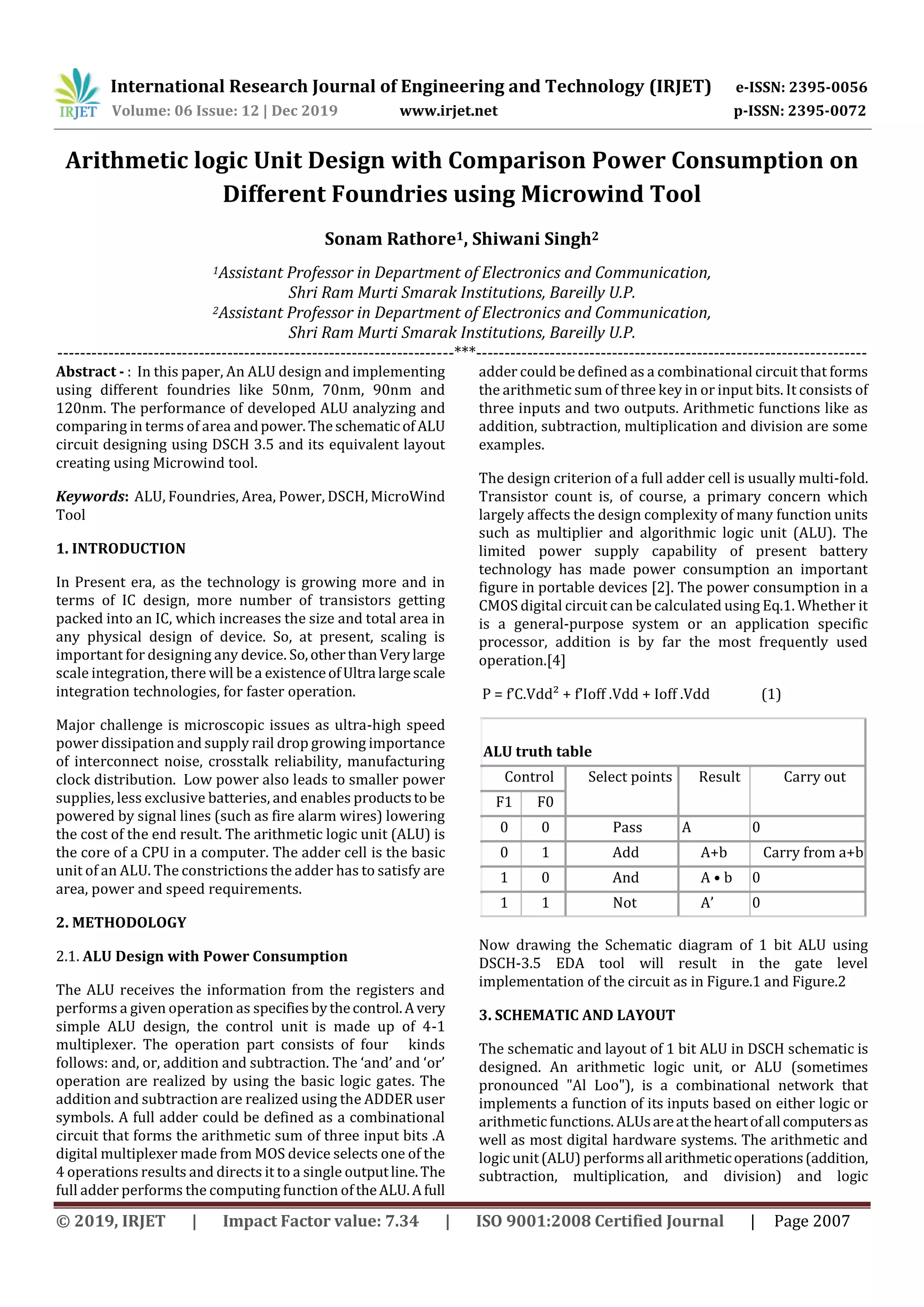 Irjet Arithmetic Logic Unit Design With Comparison Power Consumption On Different Foundries