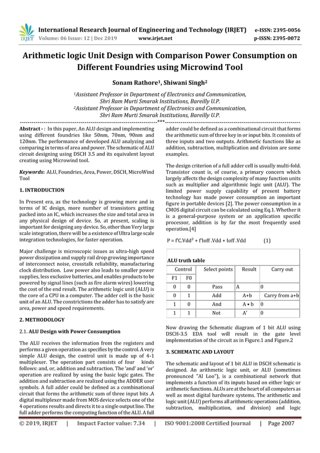 IRJET- Arithmetic Logic Unit Design with Comparison Power Consumption on Different Foundries ...