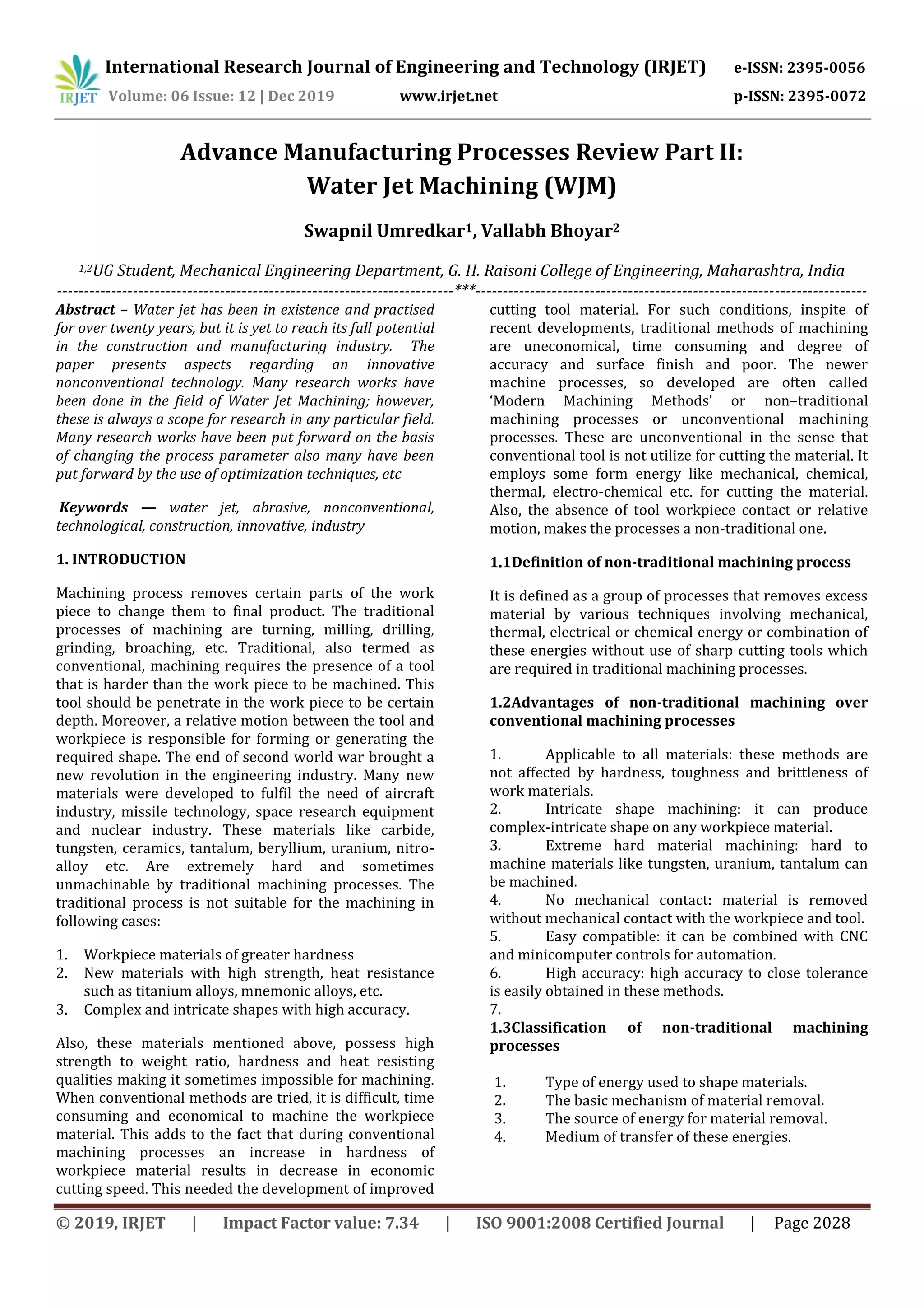 IRJET- Advance Manufacturing Processes Review Part II: Water Jet ...